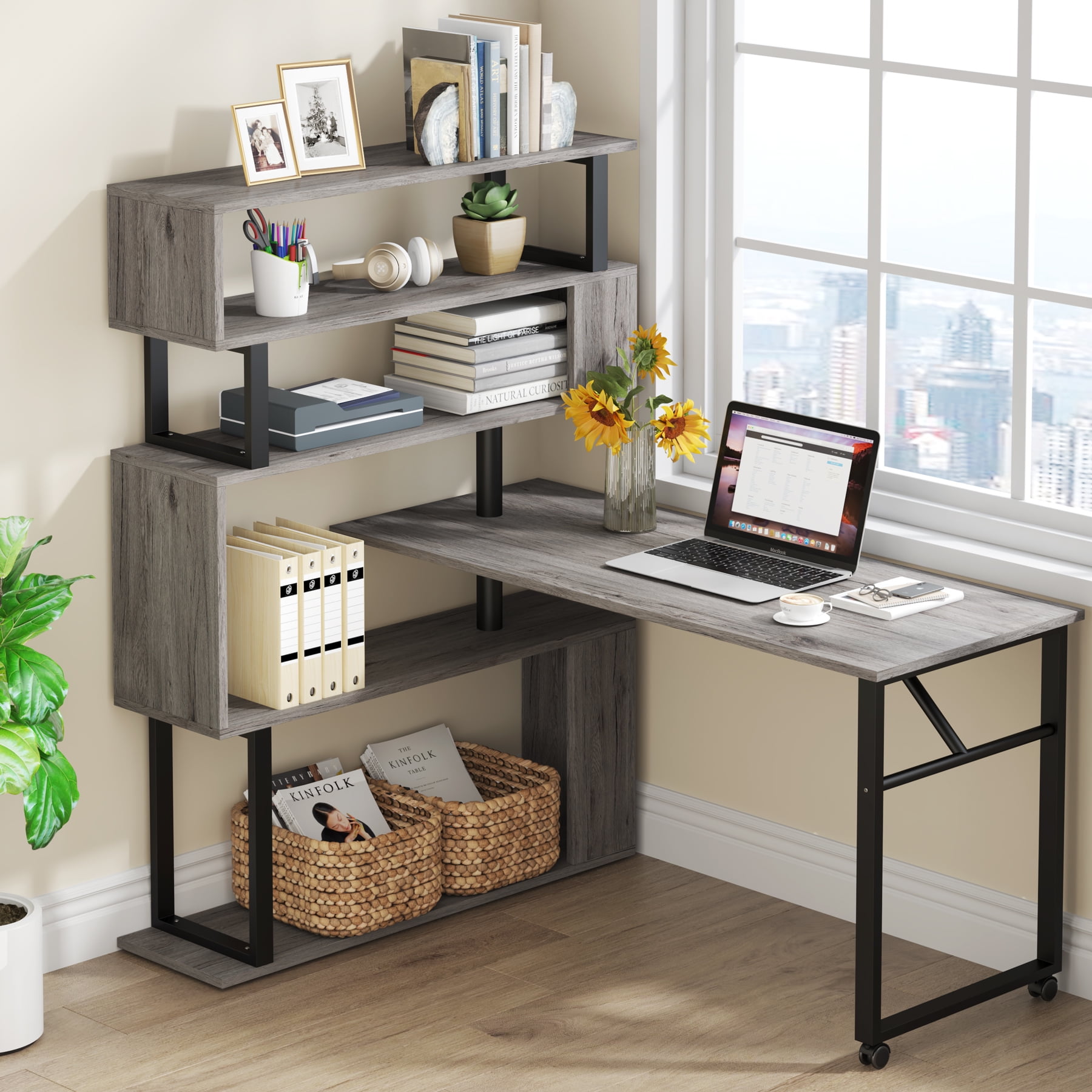 Tribesigns Rotating Computer Desk, L-Shaped Corner Desk with 5 Shelves ...