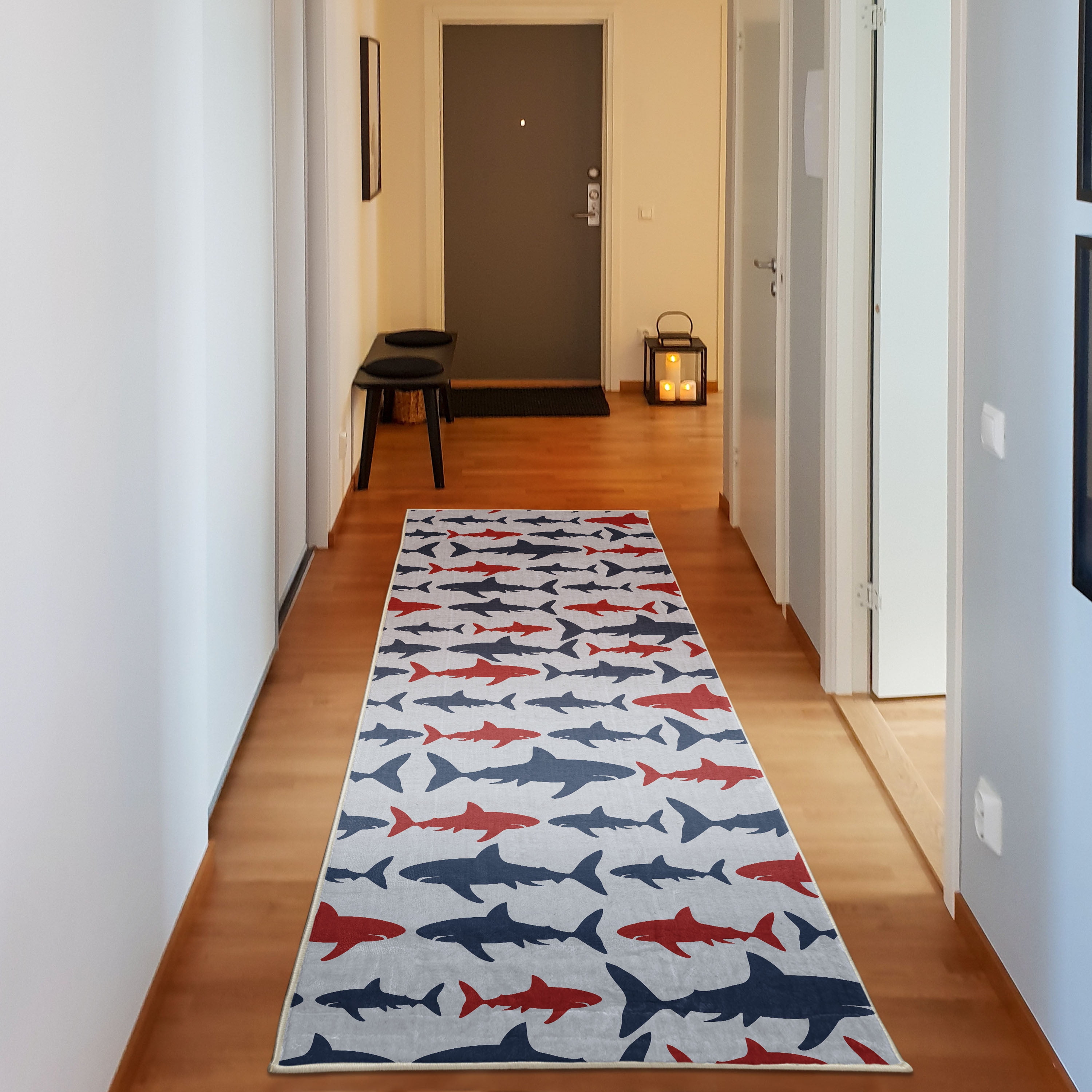 Sea Animals Decorative Rug, Monochrome Shark Illustration Fashion ...