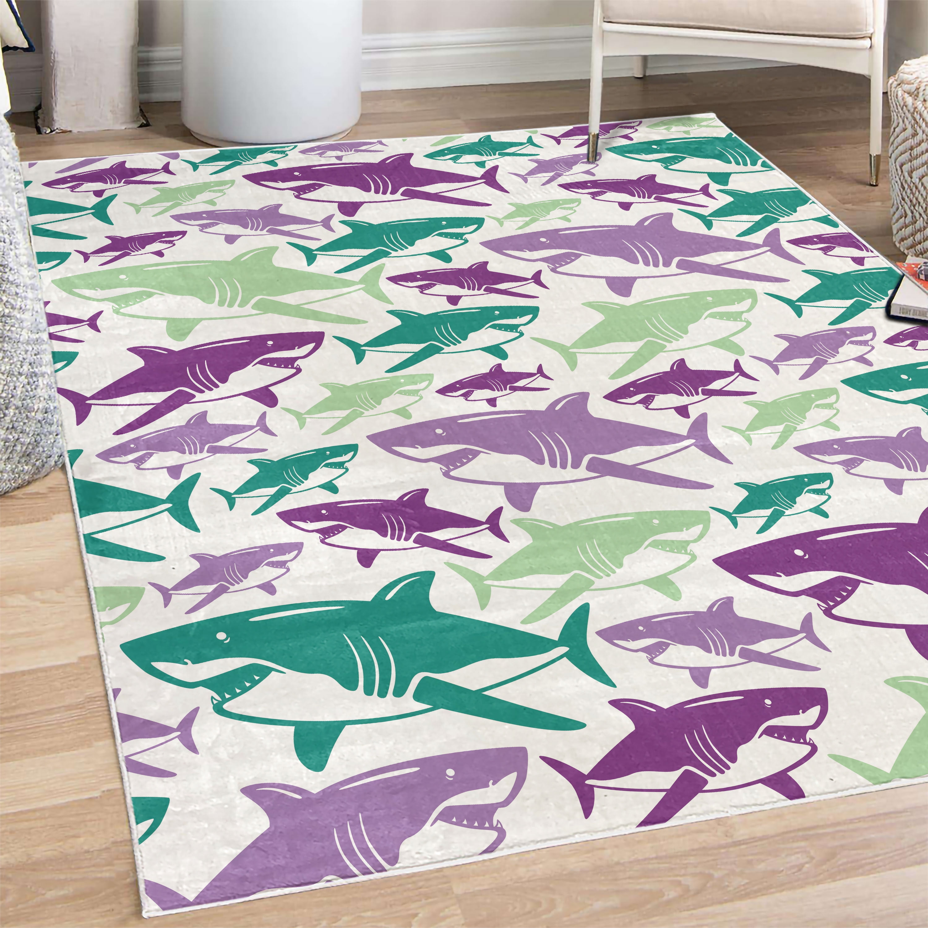 Shark Decorative Rug, Colorful Underwater Fish Pattern Masters Survival ...
