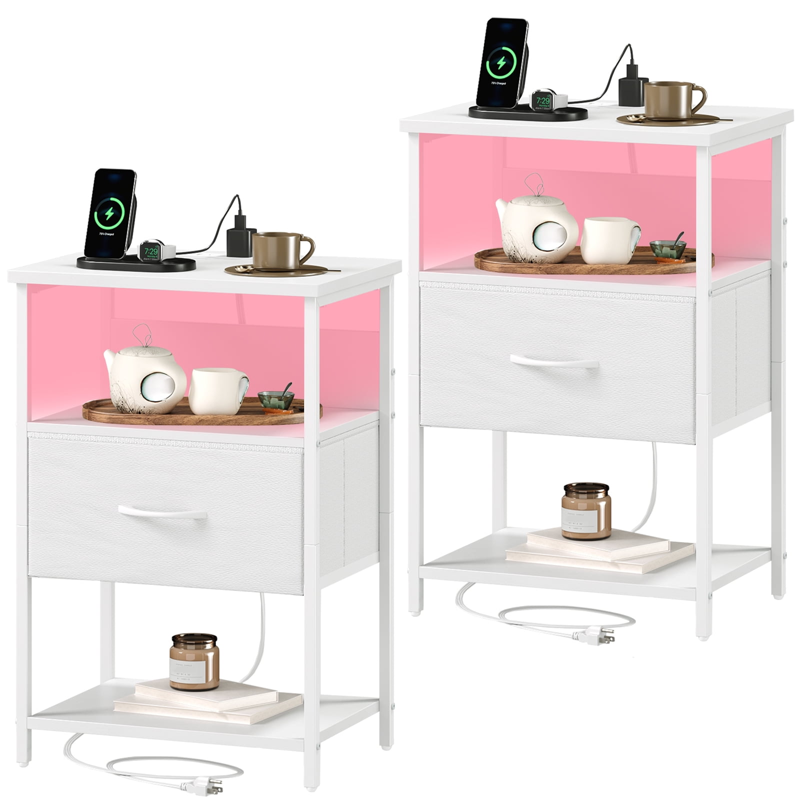 Eunos White Bedside Table Set of 2 with Charging Station, LED and ...
