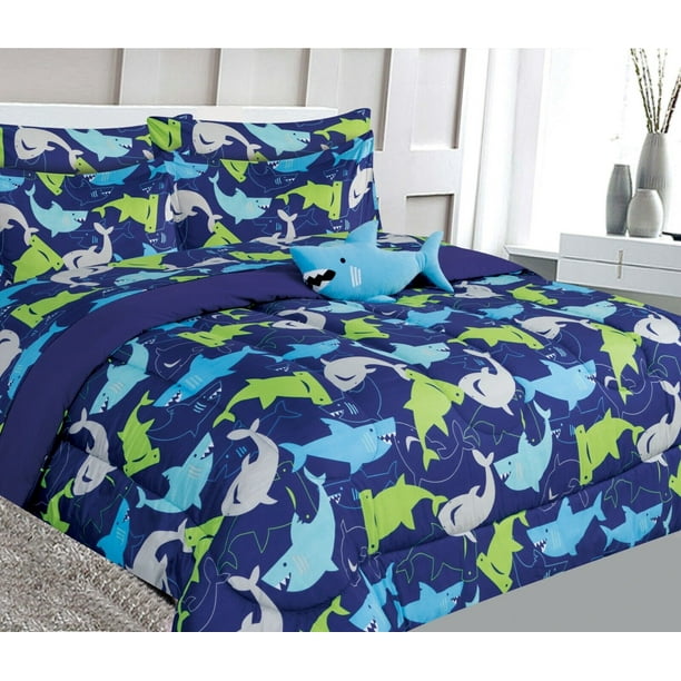 Bedding set twin 6pc shark blue complete bed in bag comforter with ...
