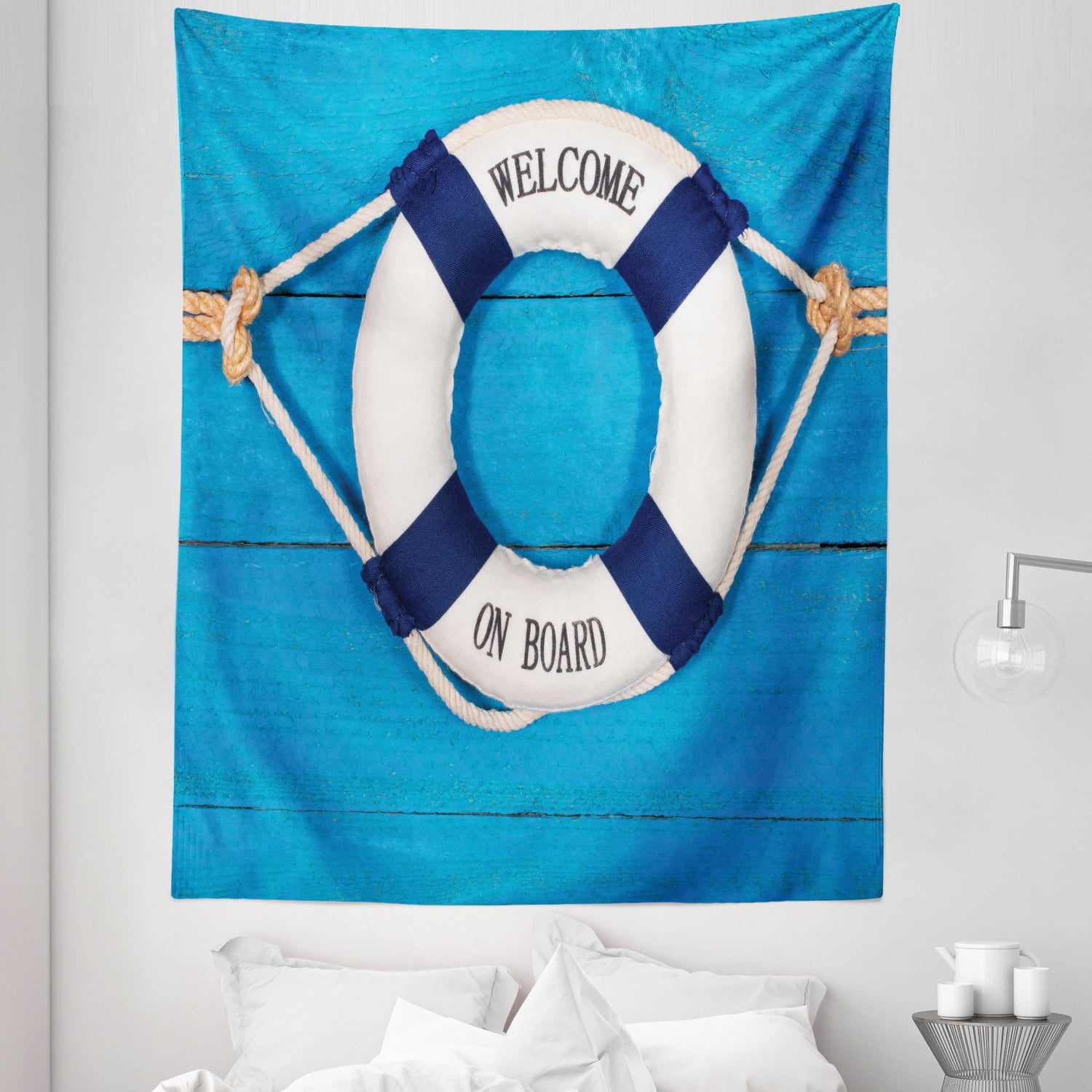 Nautical Tapestry, Welcome on Board Sign on Painted Timber Wall ...
