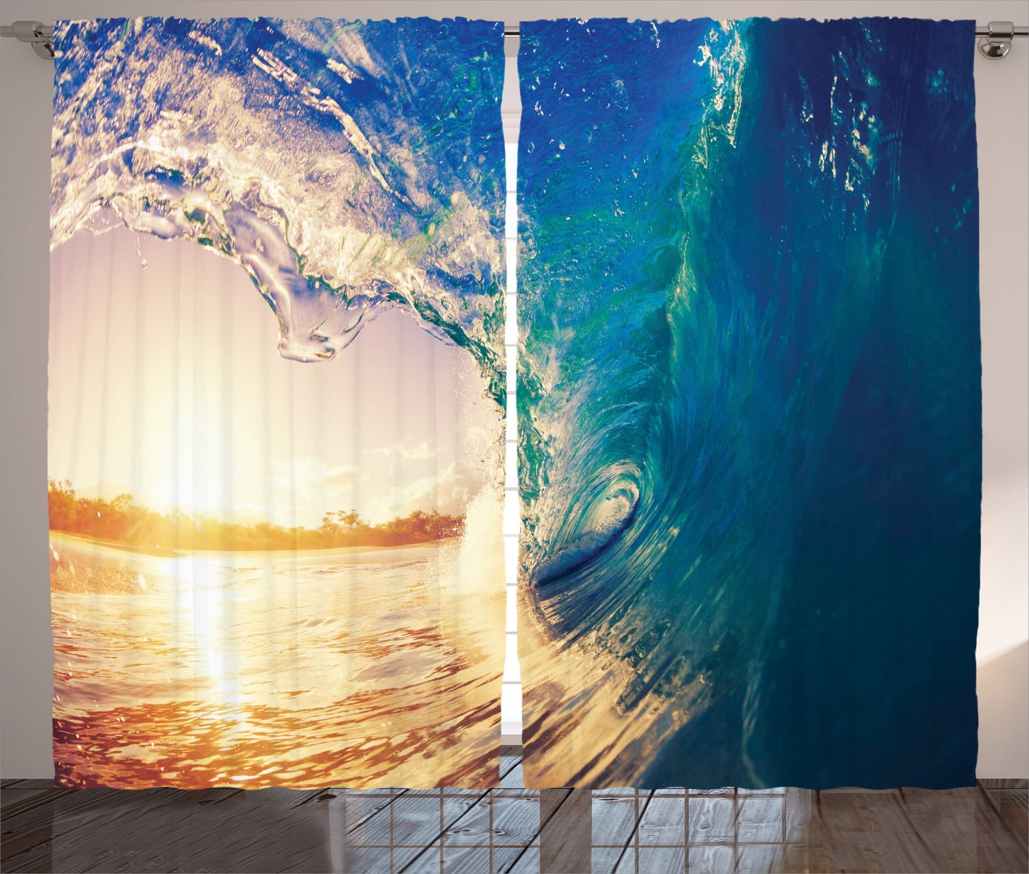 Nautical Curtains 2 Panels Set, Ocean Wave at Sunrise Reflection on ...
