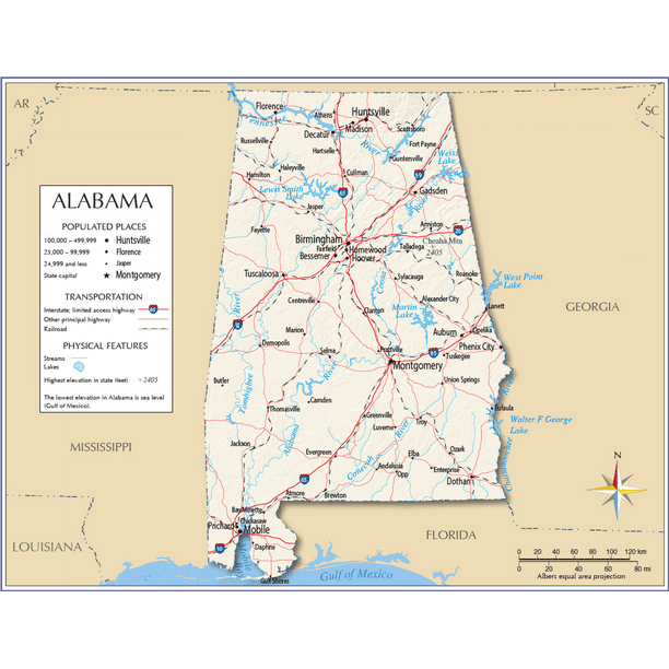 24x18in The detailed map of Alabama with boundaries, state capital ...