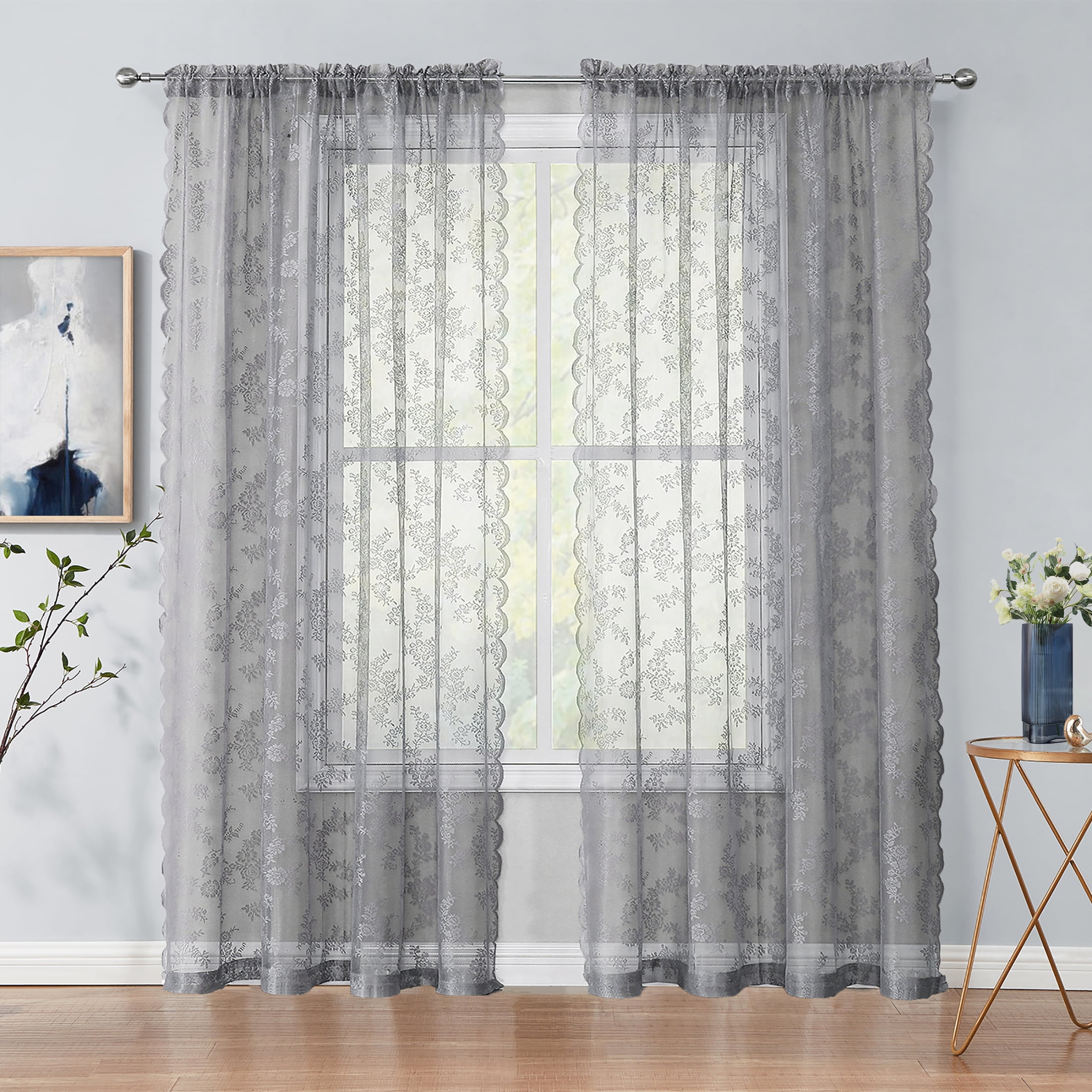 Bazaahm Grey Floral Lace Curtains 2 Panels Farmhouse Rose Embroidered ...