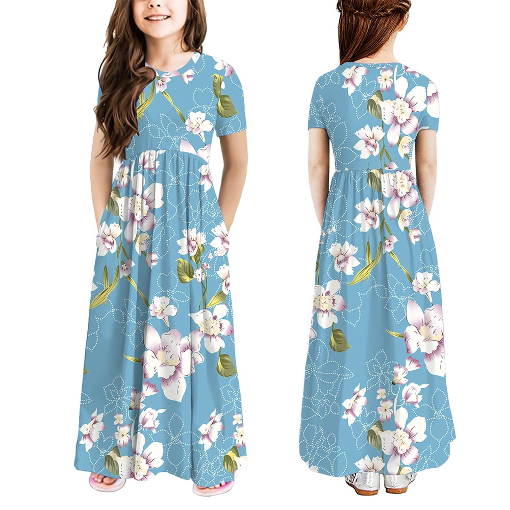 ONLYSHE Girls Dress Short Sleeve A Line Swing Twirl Comfy Floral Loose ...