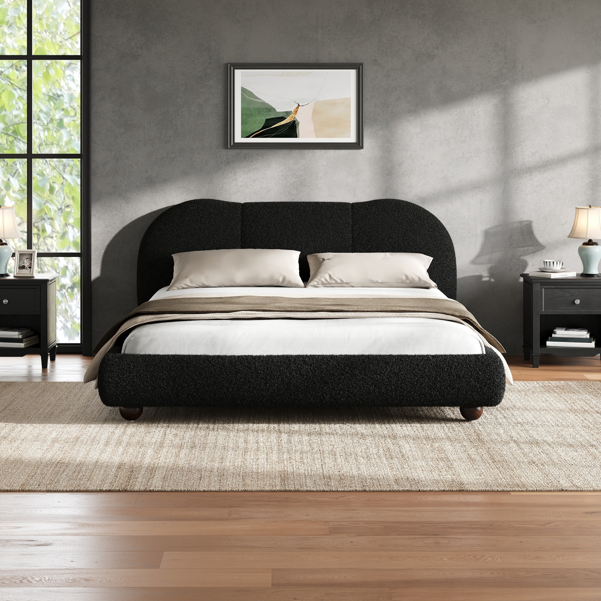 Noble House King Size Upholstered Platform Bed Frame,Curved Bouclé ...