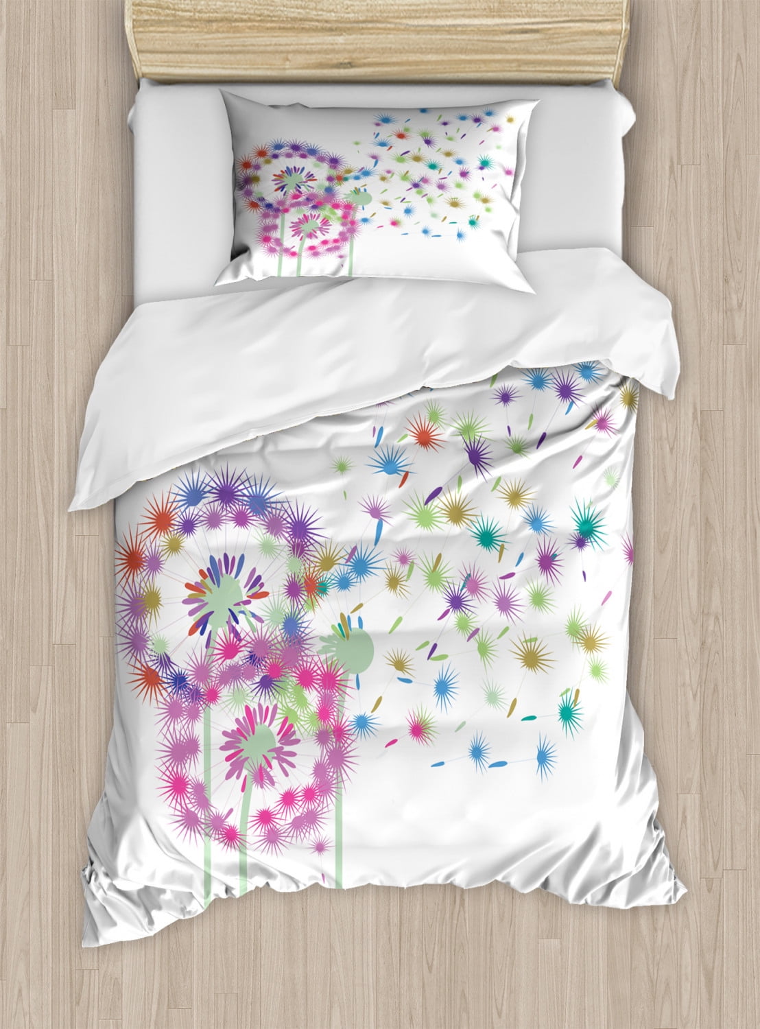 Dandelion Twin Size Duvet Cover Set, Colorful Blowball Flowers in Wind ...