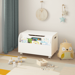 Kids Toy Storage Organizer with Front Bookshelf Wooden Toy Box with 4 Universal Wheels Flip Top Lid Boys Girls Toy Chest Bench for Playroom Kids