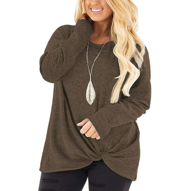 Chama Womens Plus Size Casual Blouse Side Knot Shirt Long Sleeve