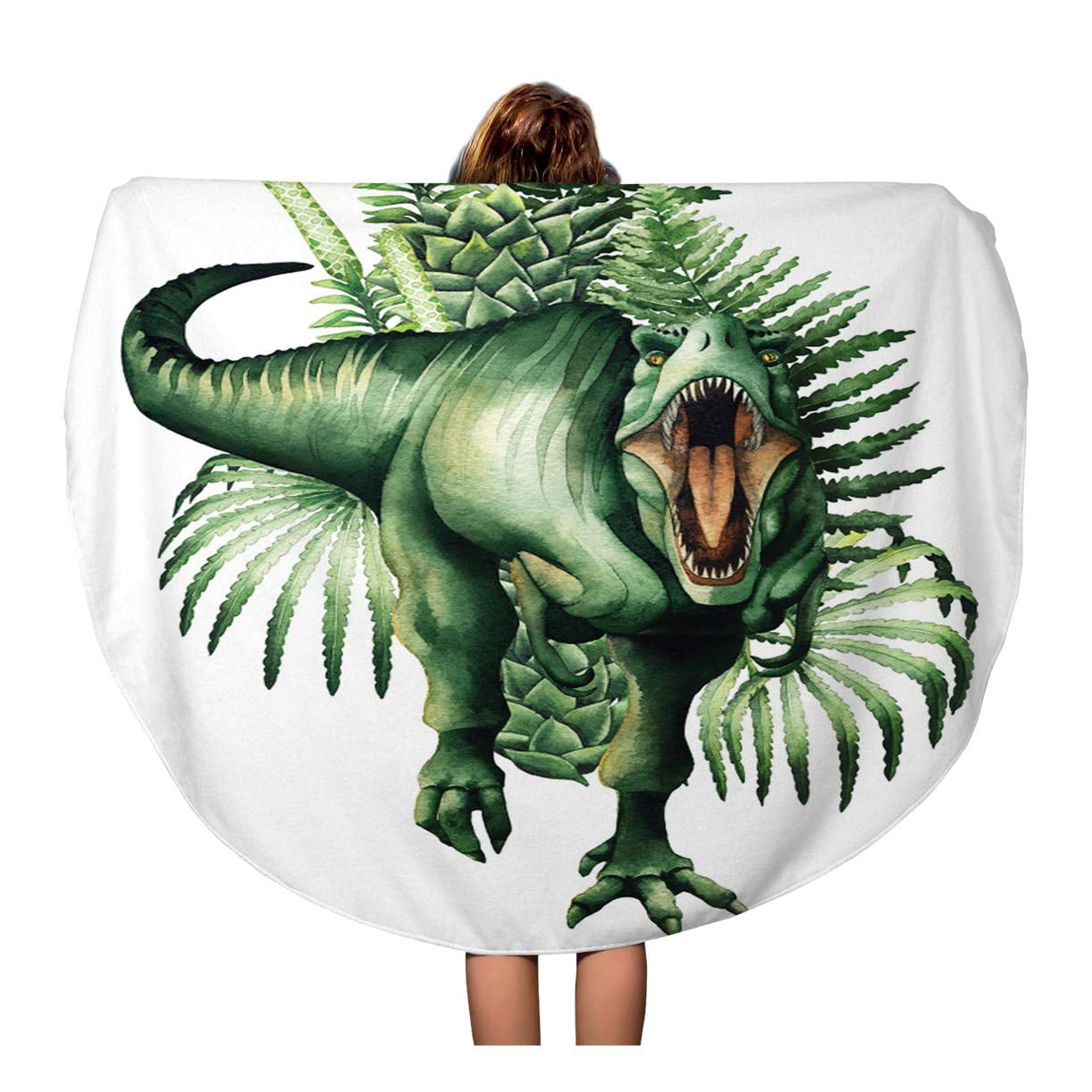 SIDONKU 60 inch Round Beach Towel Blanket Watercolor Tyrannosaurus Rex ...