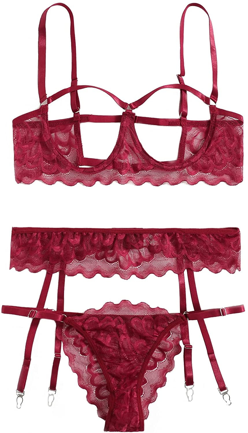 Shein Womens 3 Piece Floral Lace Lingerie Set With Garter Belts Sexy