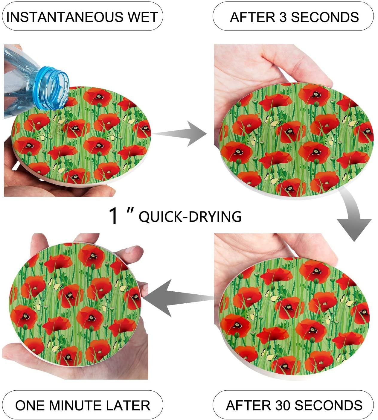 ZHANZZK Red Poppy Flowers Set of 8 Round Coaster for Drinks, Absorbent ...