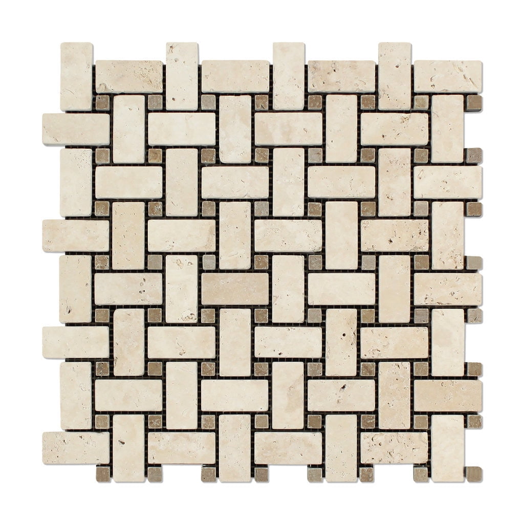 Ivory Travertine Tumbled Basketweave Mosaic Tile w/ Noce Dots - Walmart.com