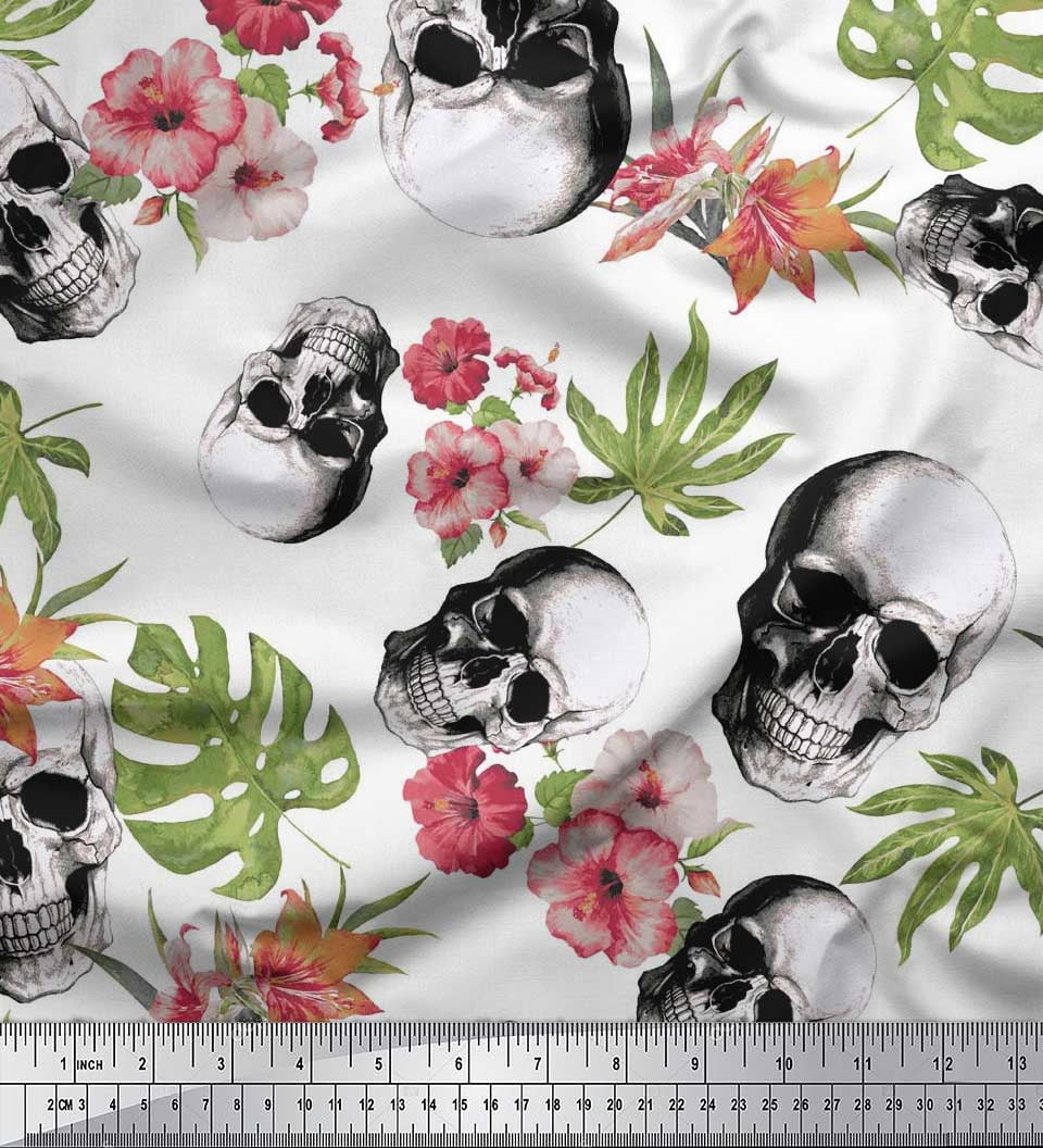 Soimoi Satin Silk Fabric Monstera Leaves,Floral & Horror Skull ...