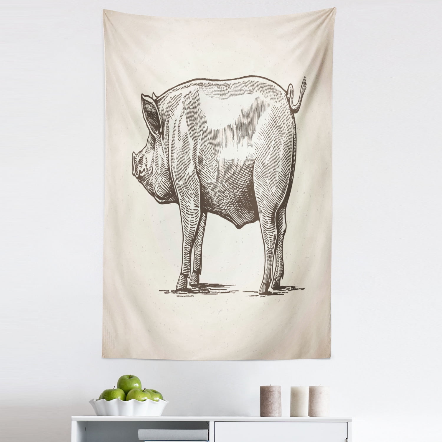 Pig Tapestry, Vintage Hand-Drawn Illustration of Pig Rural Ranch ...