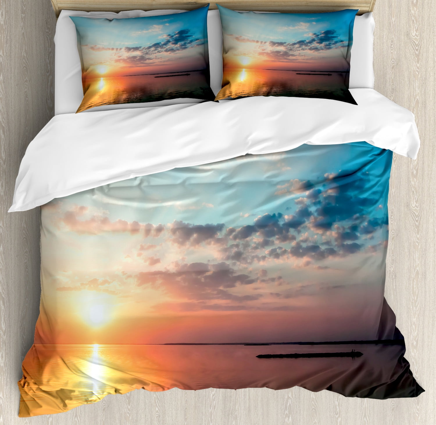 Lake Duvet Cover Set Queen Size, Dramatic Sunset with Cloudy Sky Above ...