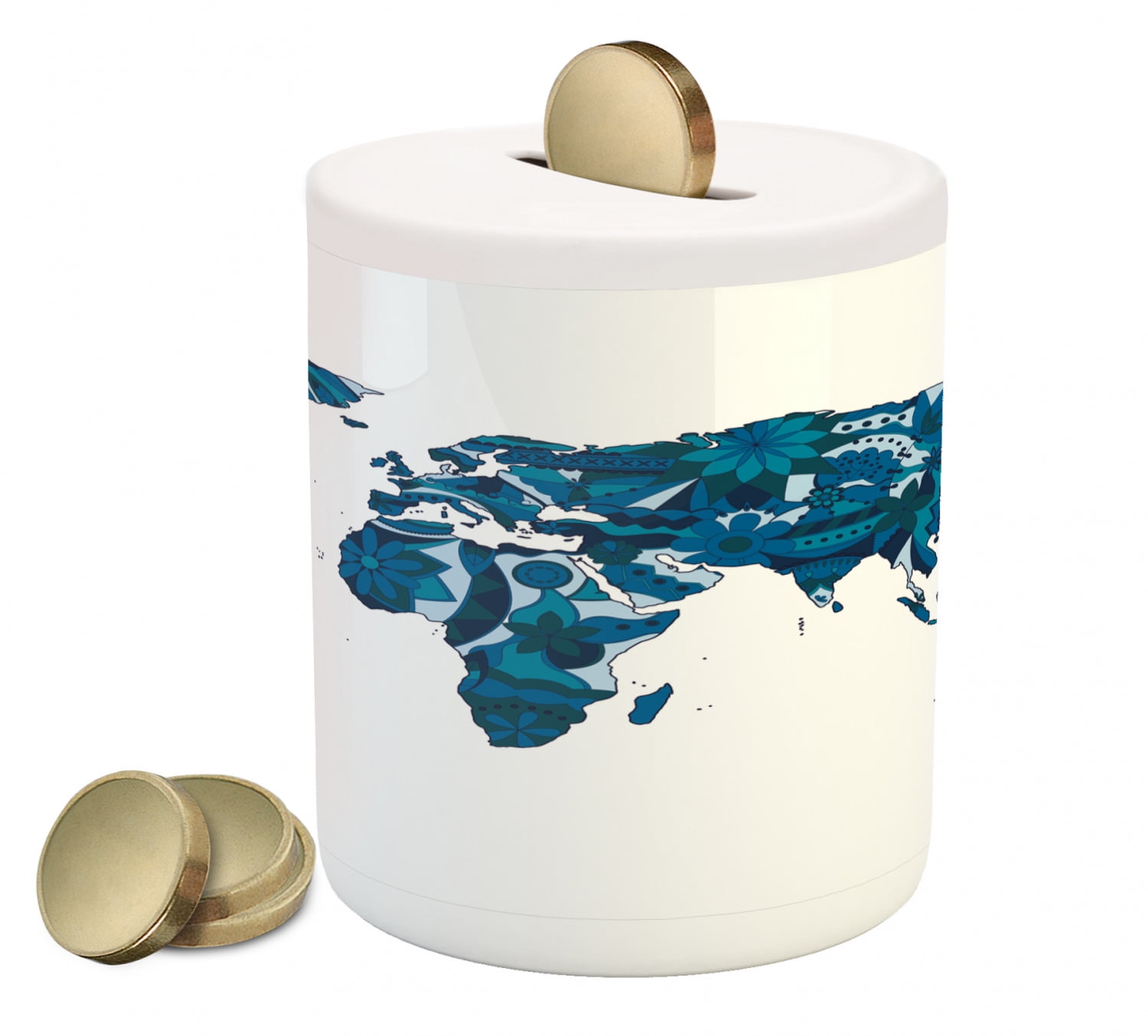Floral World Map Piggy Bank, Flourish Map in Blue Tones Earth ...