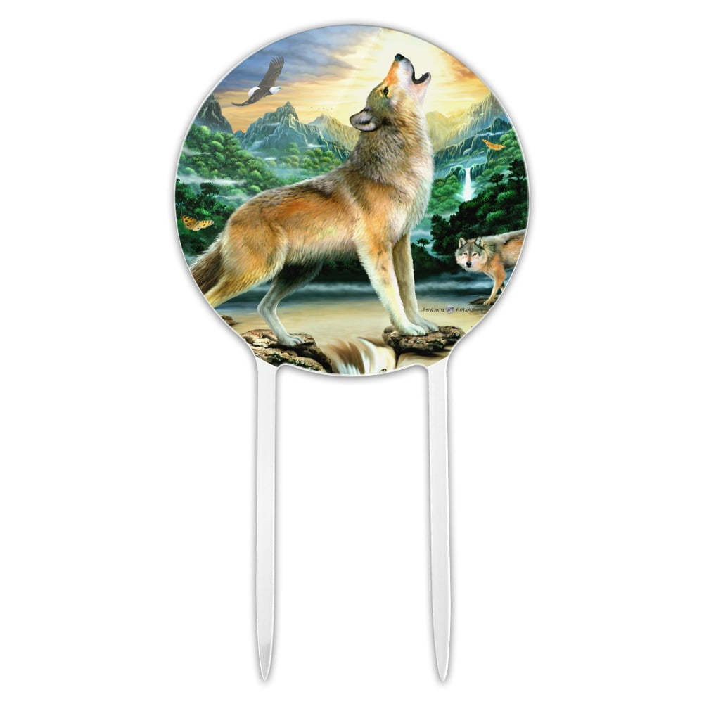 Acrylic Howling Wolf Sunset Forest Butterflies Cake Topper Party Decoration for Wedding ...