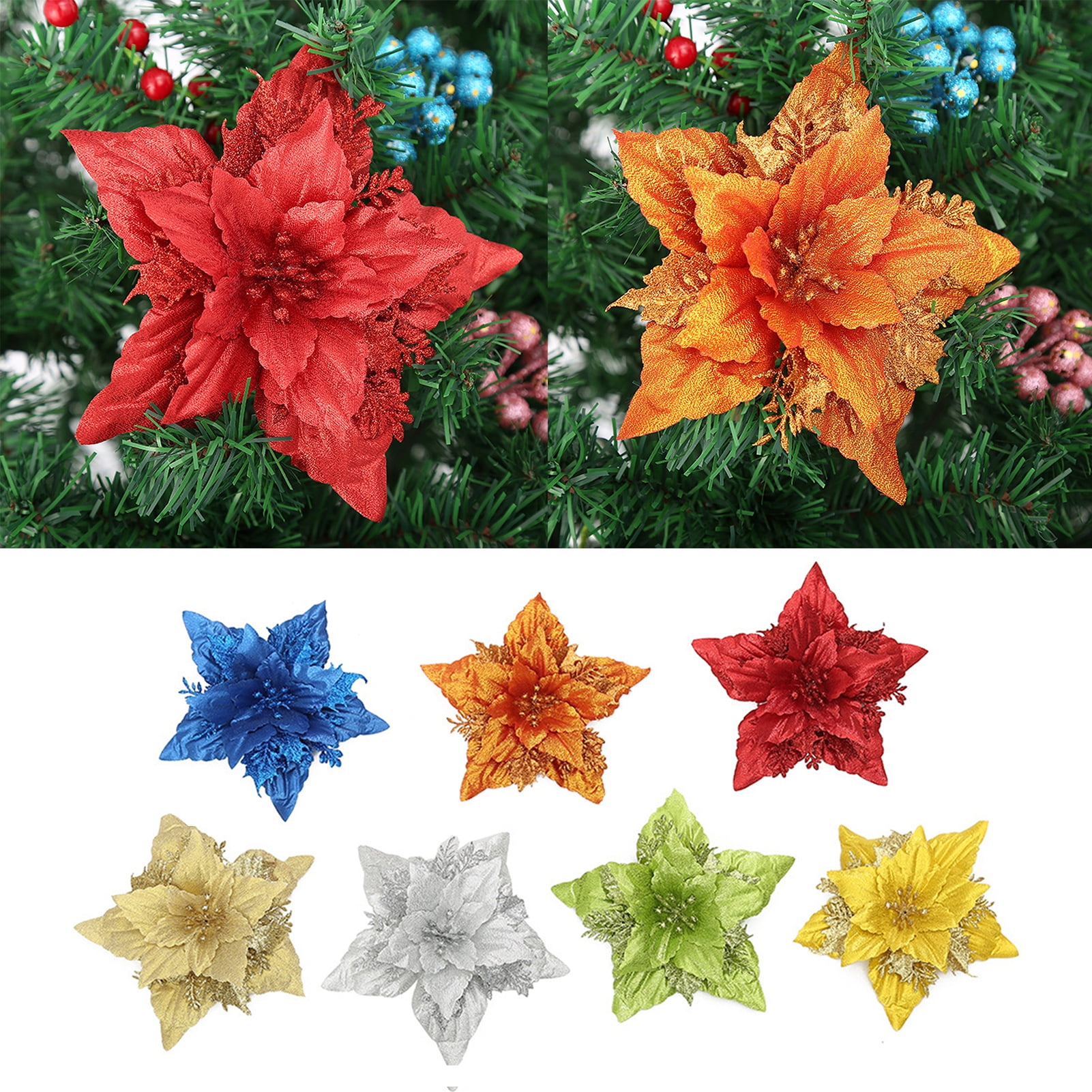 Travelwant 5Pcs Glitter Artificial Poinsettia Flowers Christmas Wreath ...