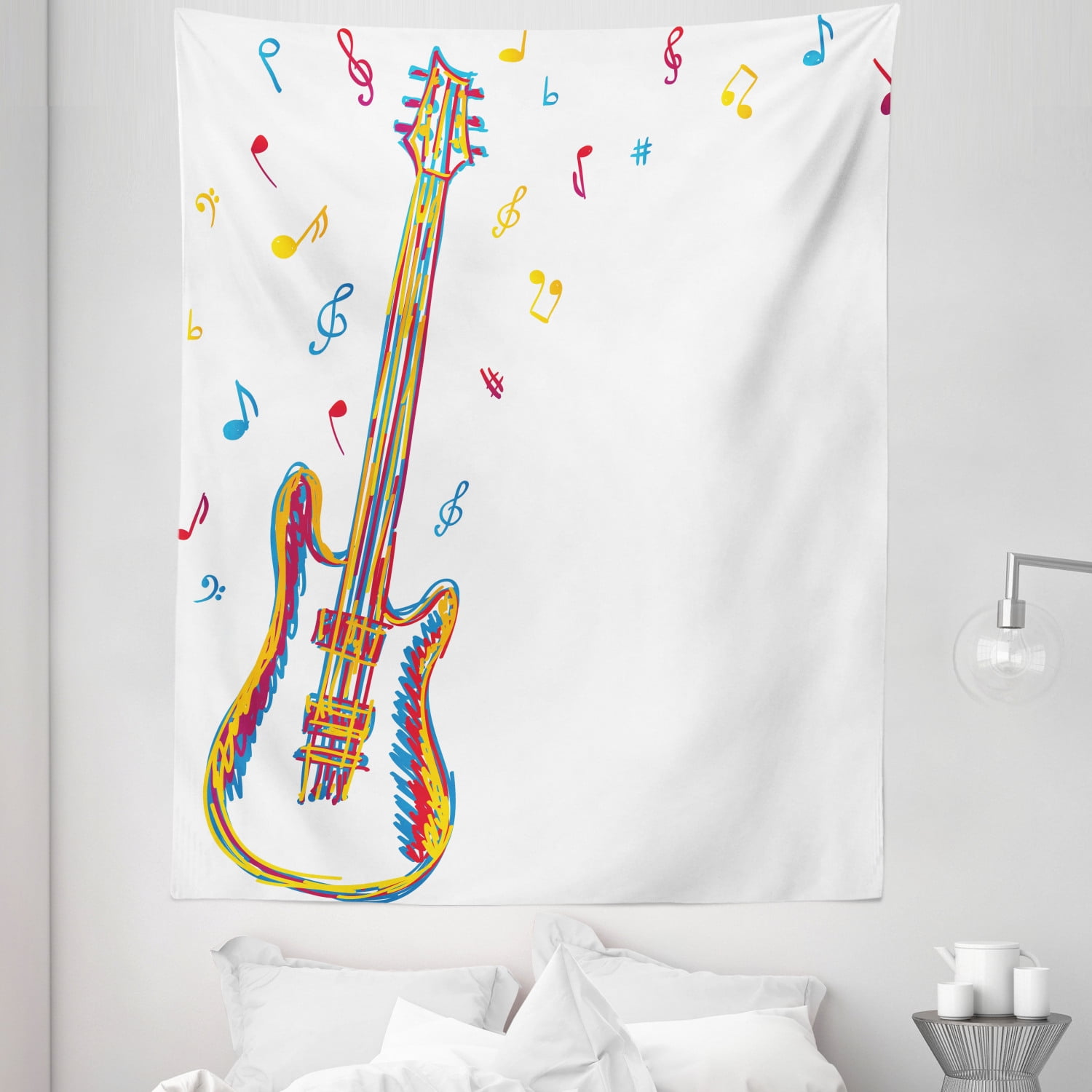 Music Tapestry, Doodle Style Illustration of Guitar Instrument with ...