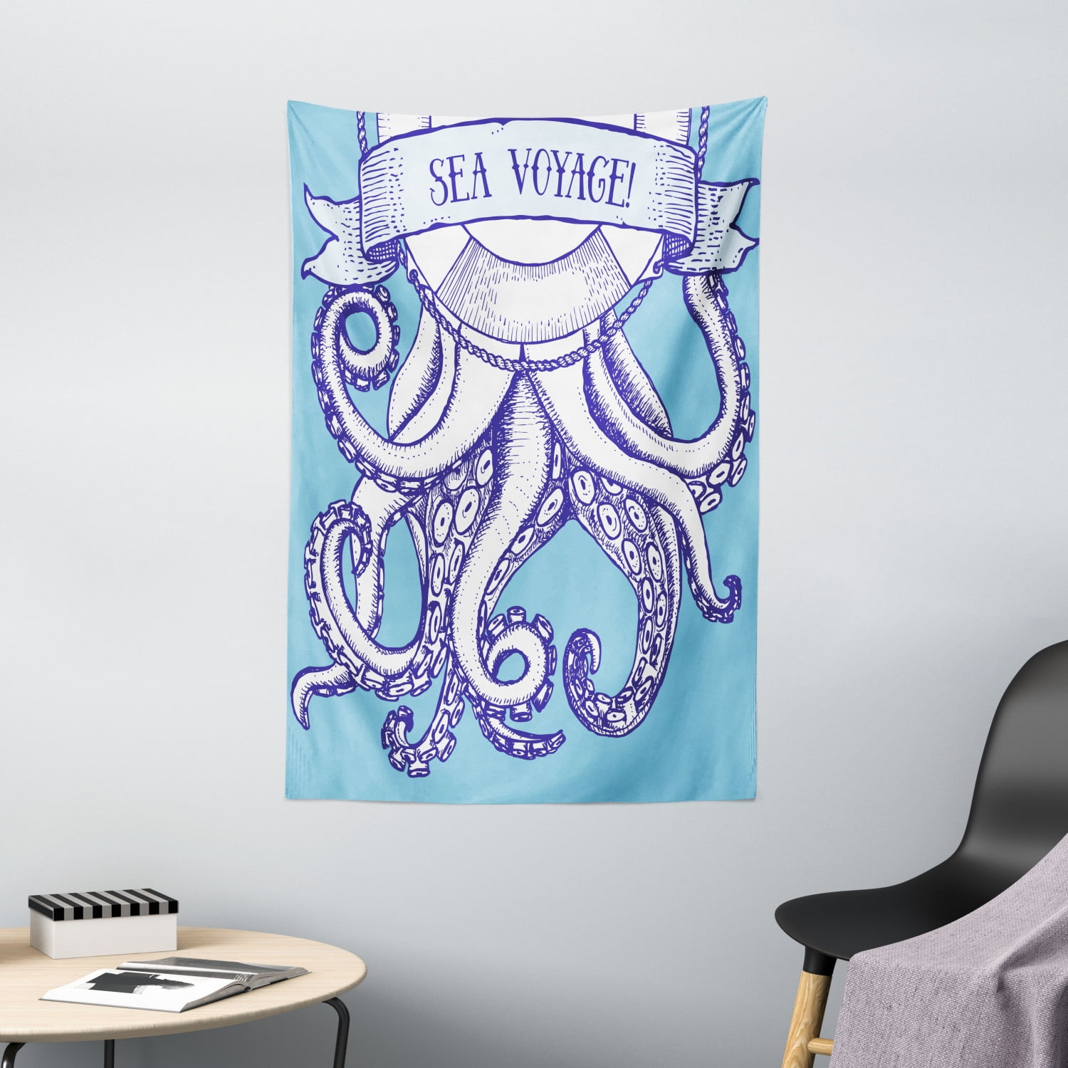 Octopus Decor Wall Hanging Tapestry, Octopus and Life Buoy in Vintage ...