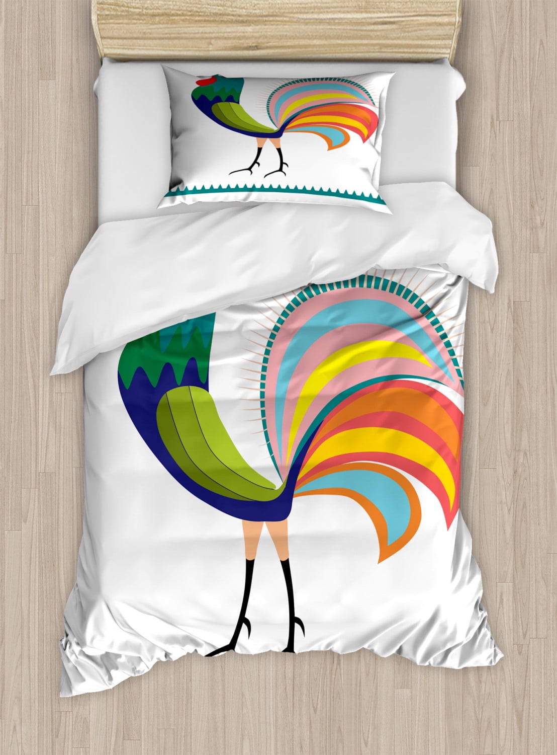Folk Art Duvet Cover Set Twin Size, Colorful Design Rooster Side View ...