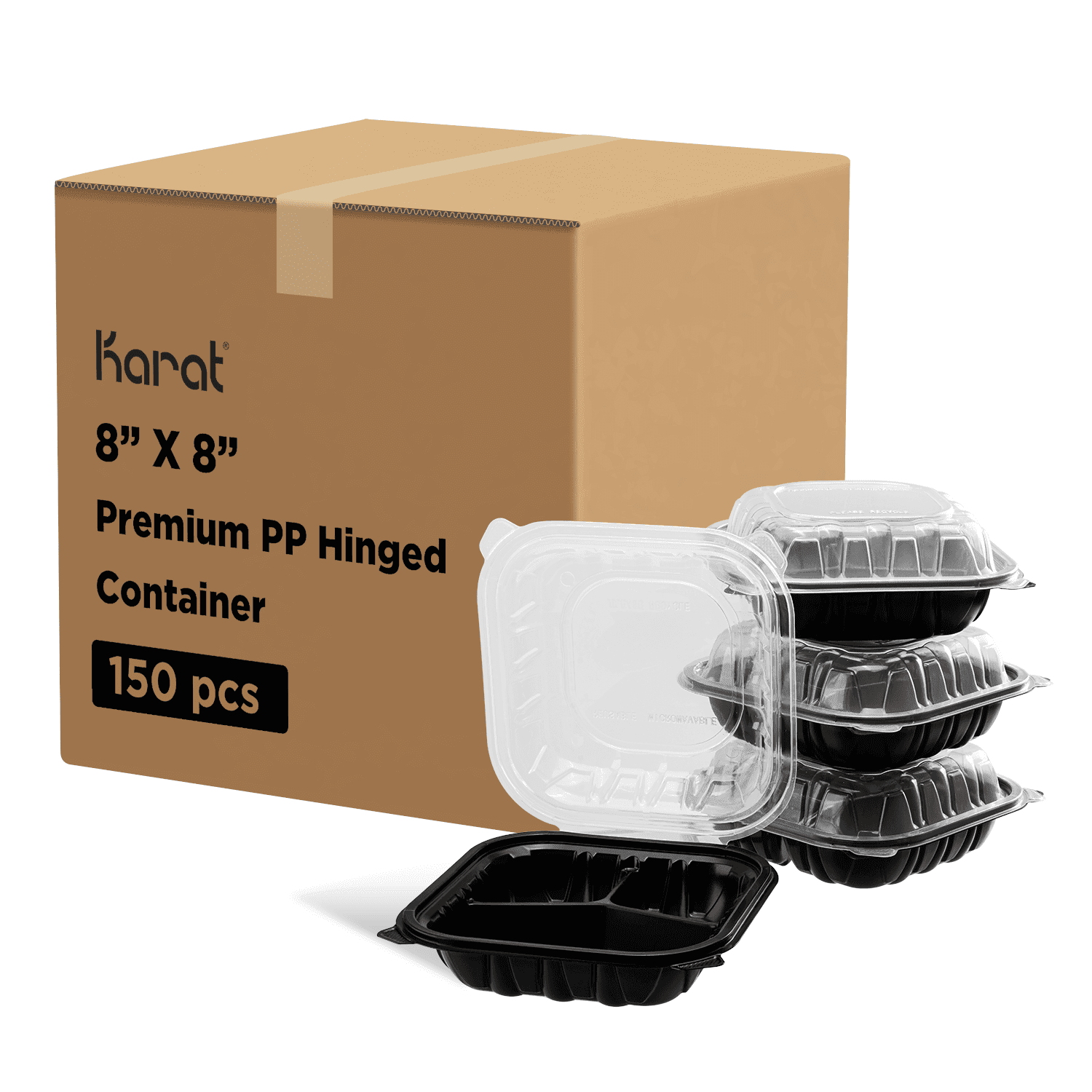Karat 8"x 8" Premium PP Hinged Container, 3 compartments - 150 ct ...