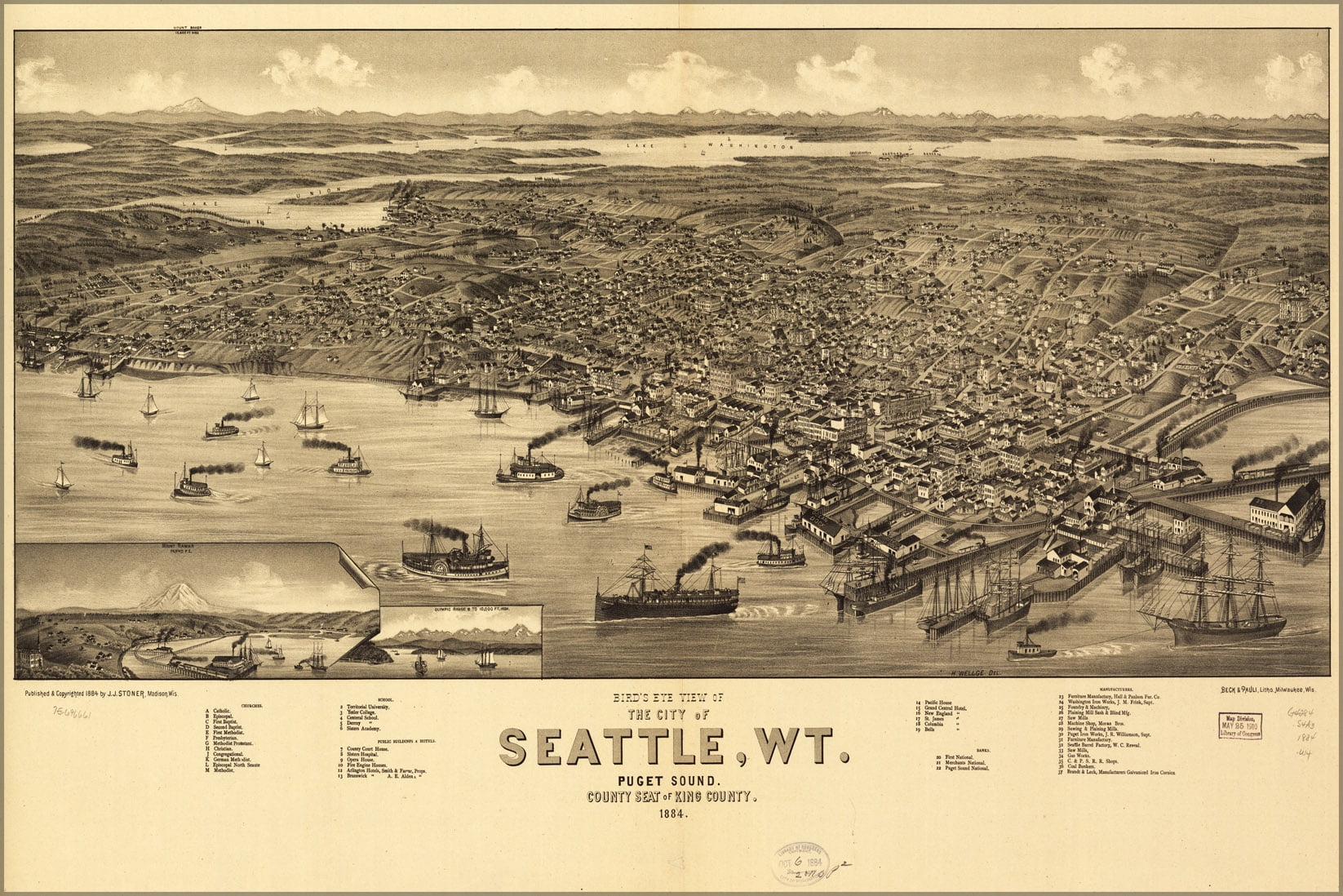 24"x36" Gallery Poster, birdseye view map of Seattle, Puget Sound ...