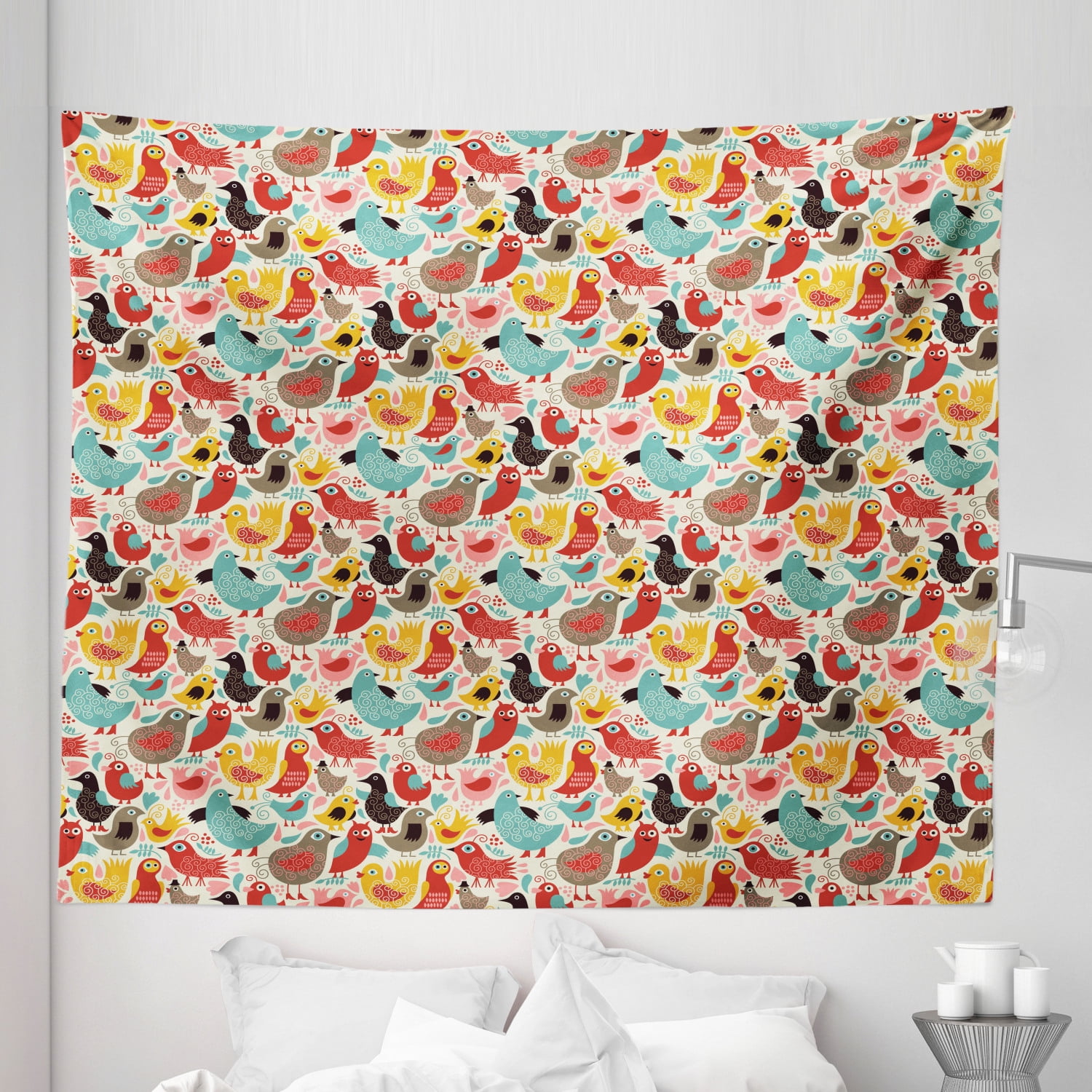 Animals Tapestry, Whimsical Birds in Colorful Design and Swirled Motifs ...
