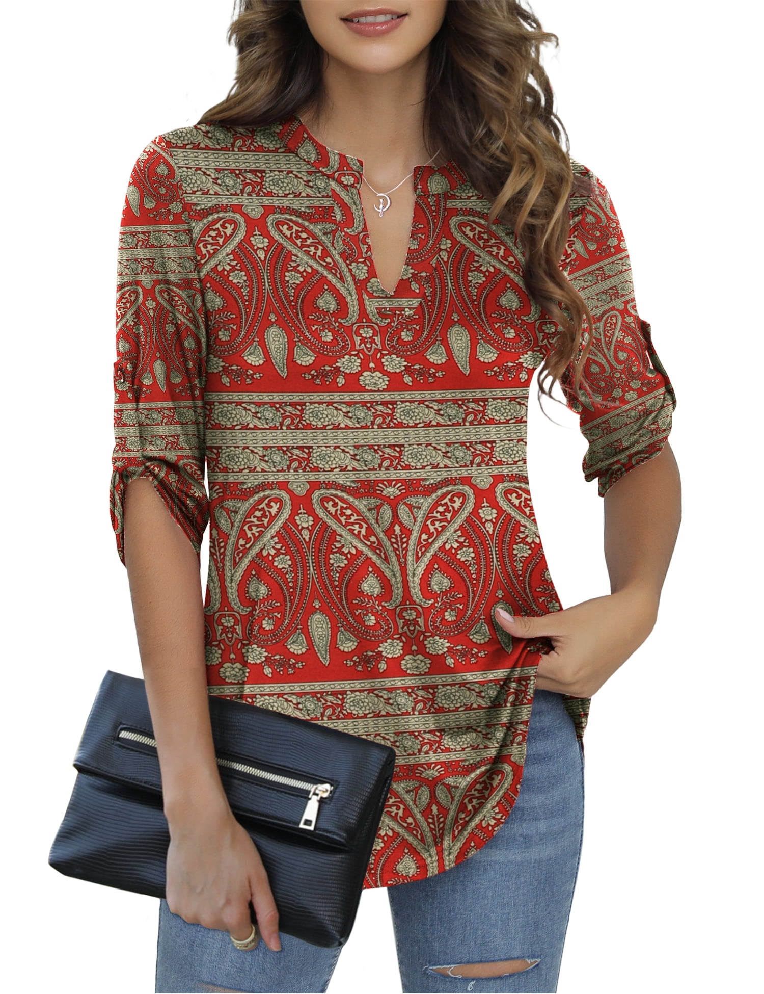 Letdiosto Womens Plus Size Shirts 3 4 Roll Sleeve V Neck Floral Flowy
