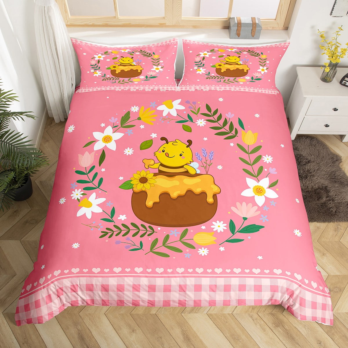 YST Cute Bee Bedding Sets Queen Animal Comforter Cover for Kids, Pink ...