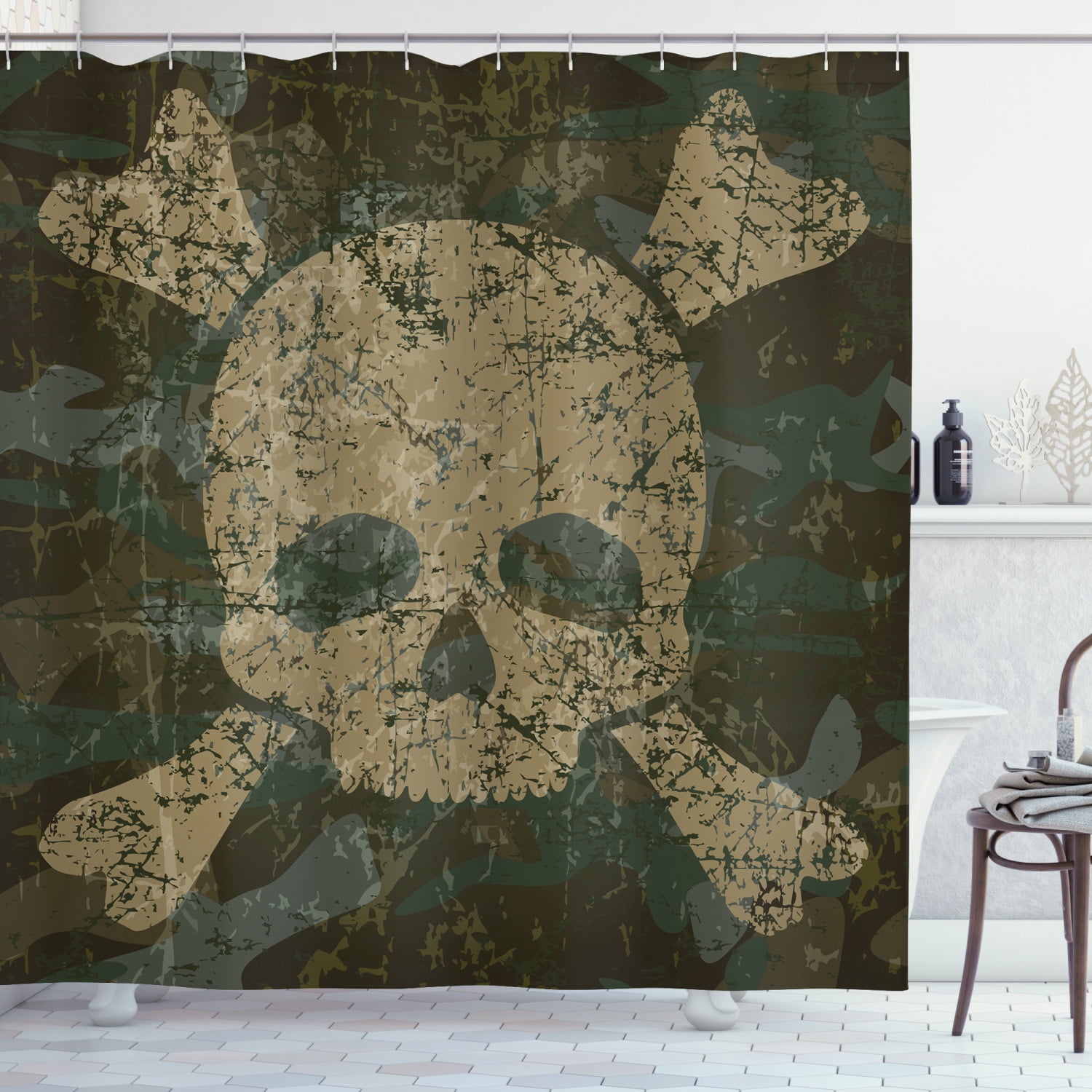 Camo Shower Curtain Military Texture With Skull And Crossbones Aged