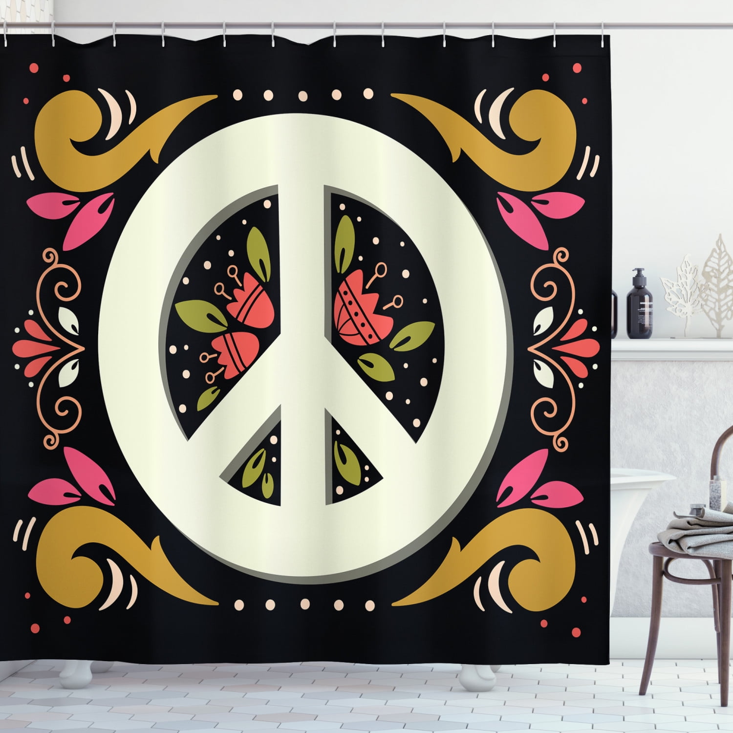 Hippie Shower Curtain, Graphic Peace Sign with Flower Shapes Sixties ...