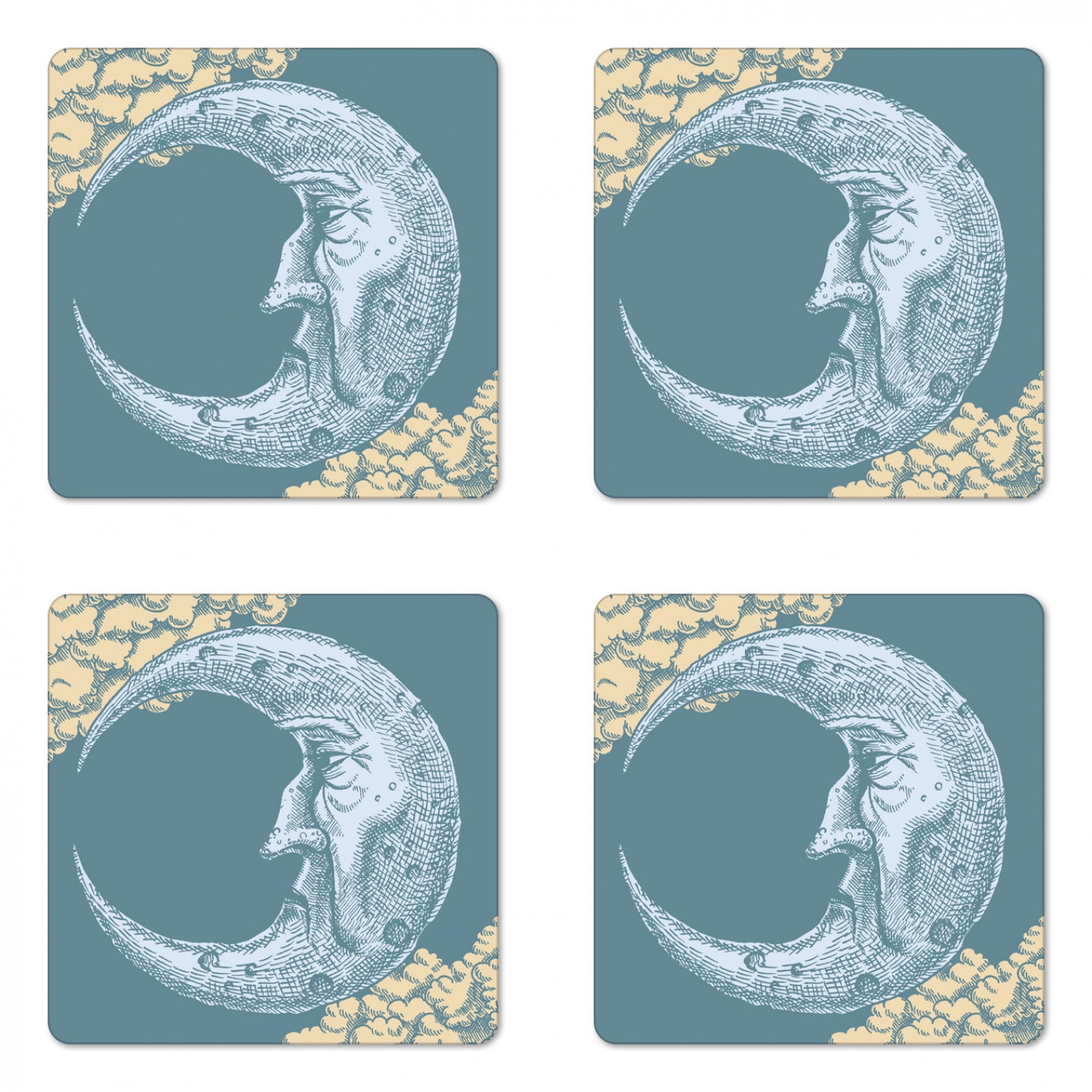 Moon Coaster Set of 4, Vintage Crescent Moon with Grumpy Facial ...