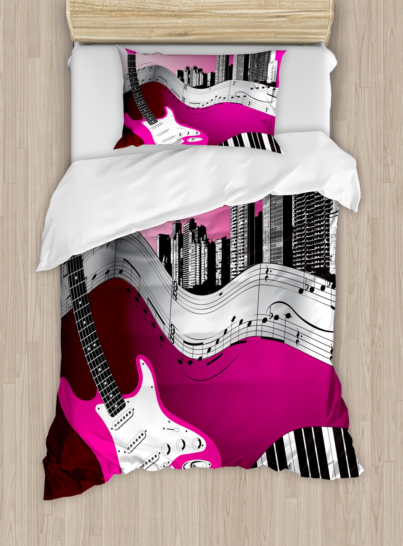 Music Twin Size Duvet Cover Set, Bass Guitar Keyboard Urban Rock ...