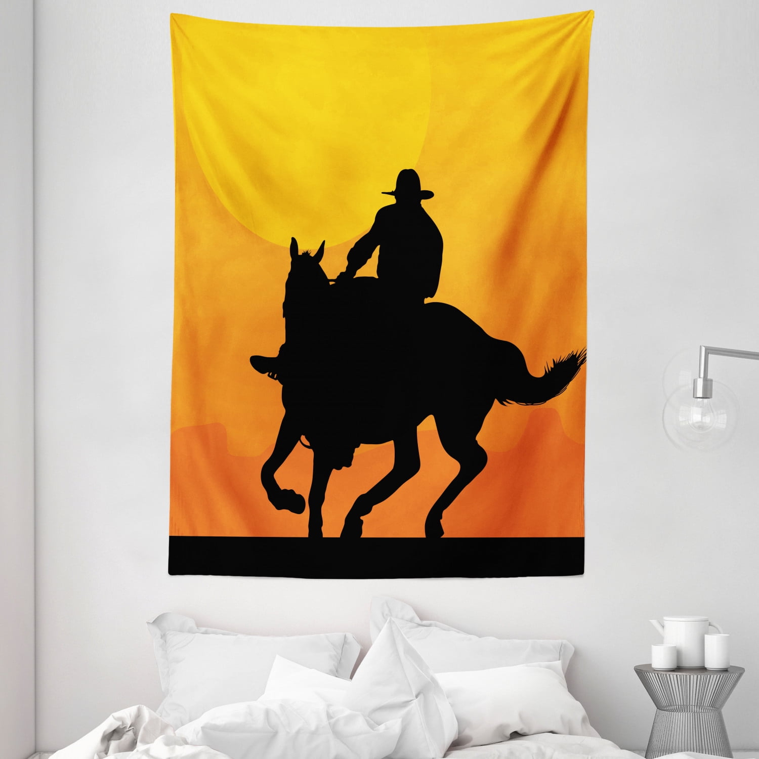 Rodeo Tapestry, Silhouette of a Rider Against Sunset Background Evening ...