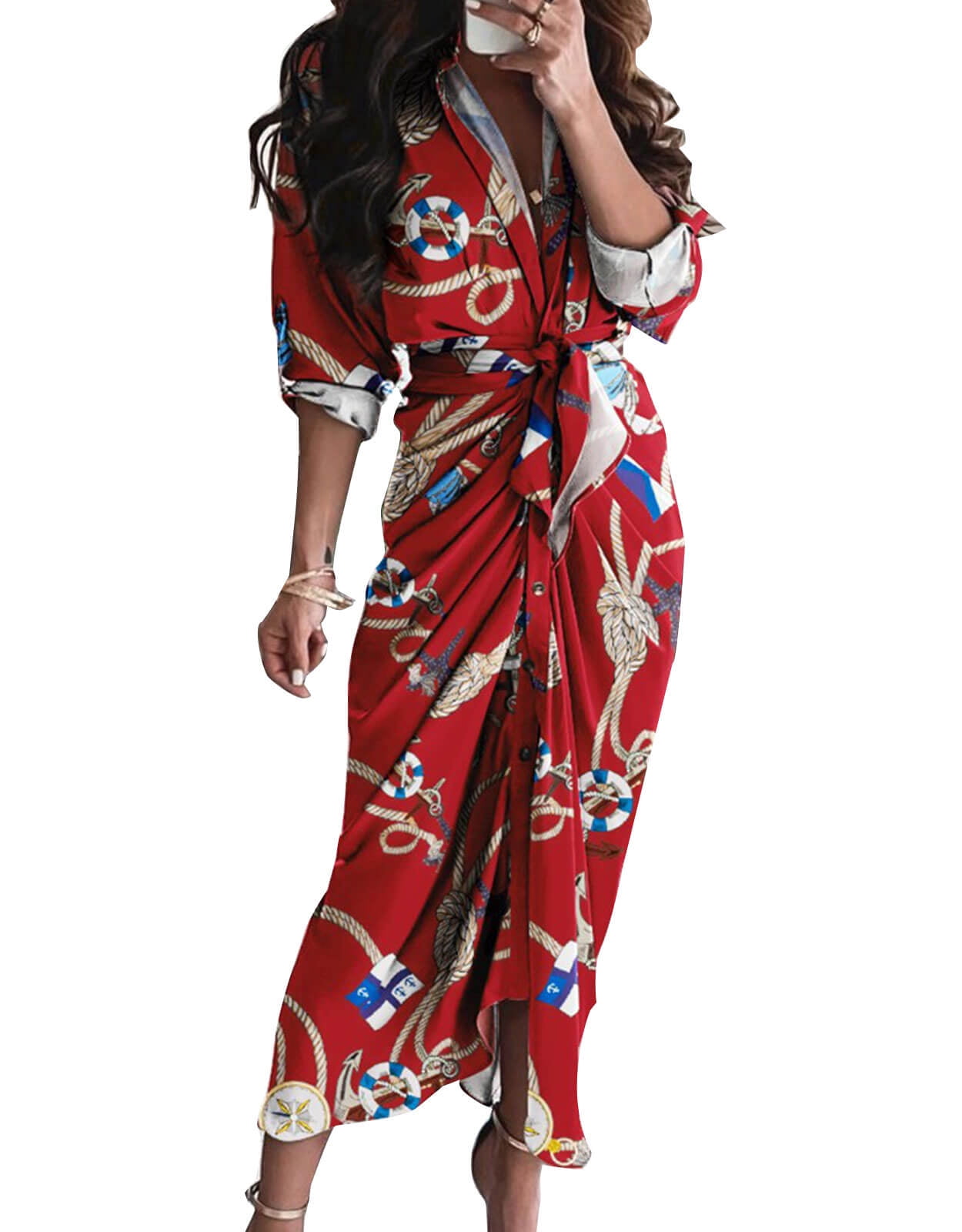 Dresses for Women 2022 Plus Size Roll Up Sleeve Empire Waist Pleated ...