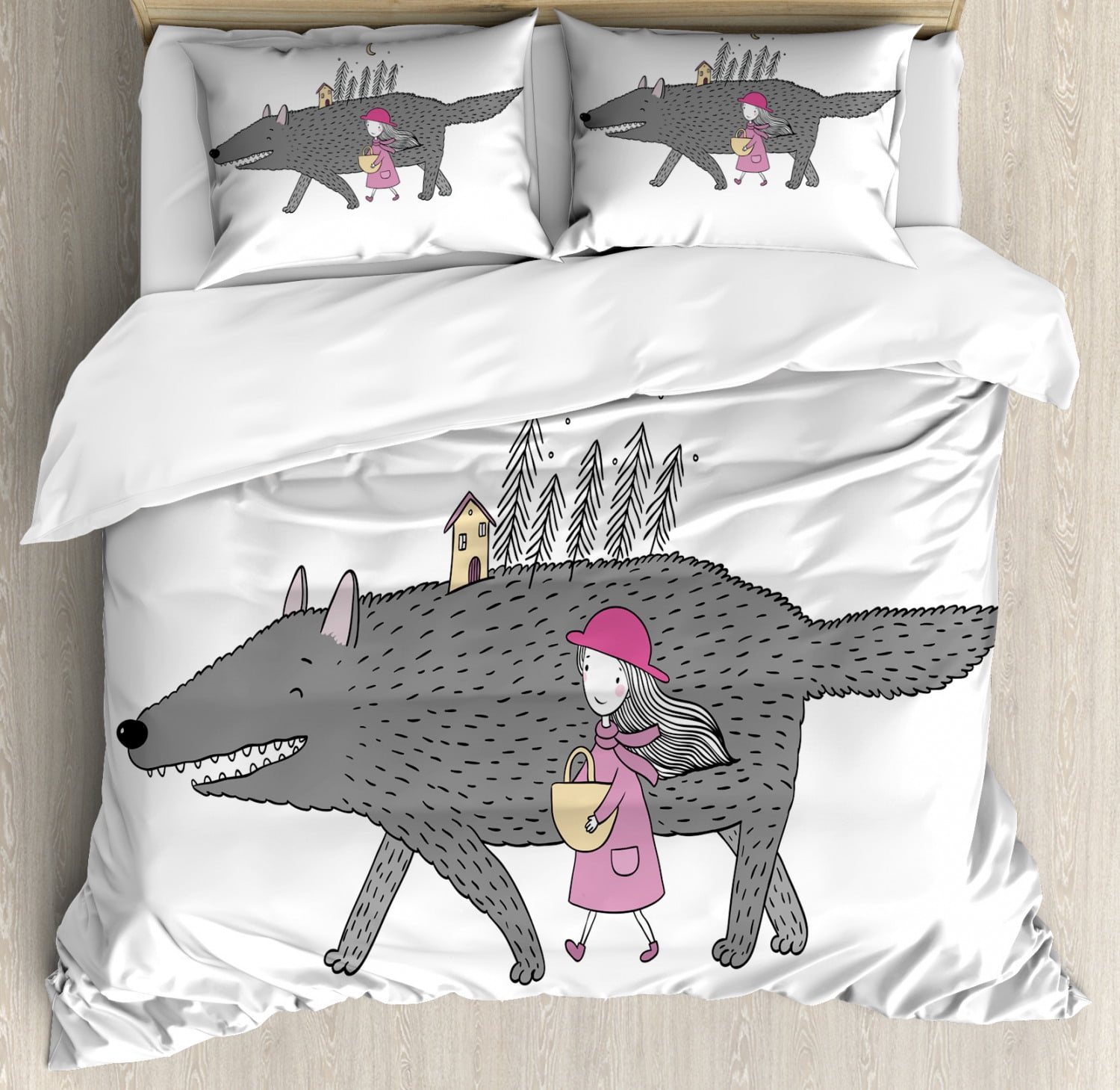 Fantasy Queen Size Duvet Cover Set, Girl in a Pink Dress Walking with a ...