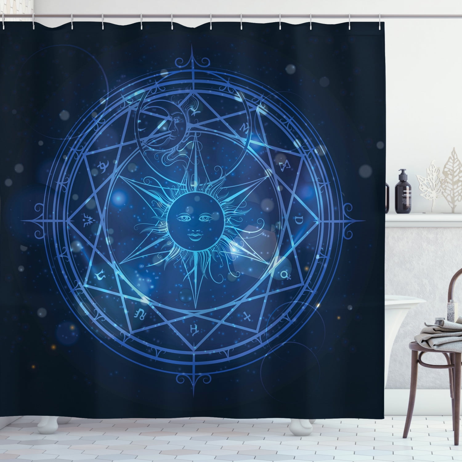 Magic Shower Curtain, Alchemy Magic Circle Sun Face Centered Mystical ...