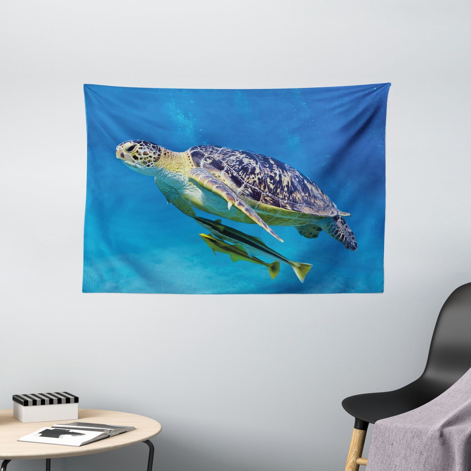 Turtle Tapestry, Cute Angry Looking Sea Turtle Swimming with Remora ...