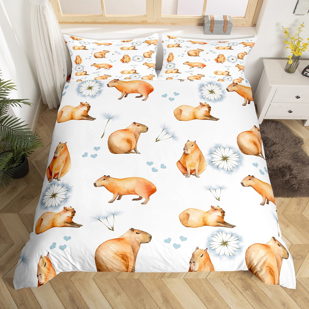 Cute Capybara Comforter Cover Kawaii Wildlife Bed Set, White Duvet ...