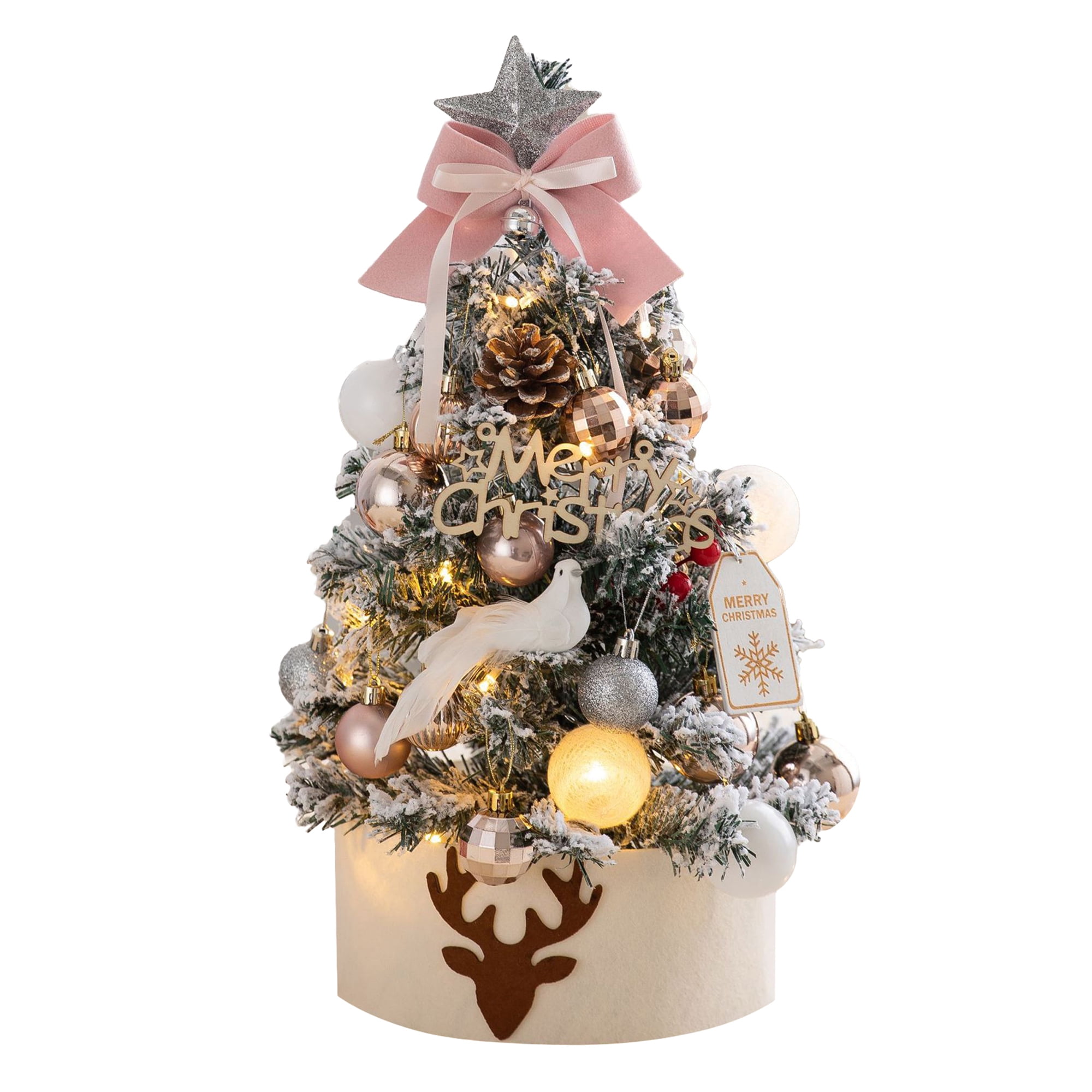 Gureui Mini Artificial Christmas Tree with LED Light, Snow Bow ...