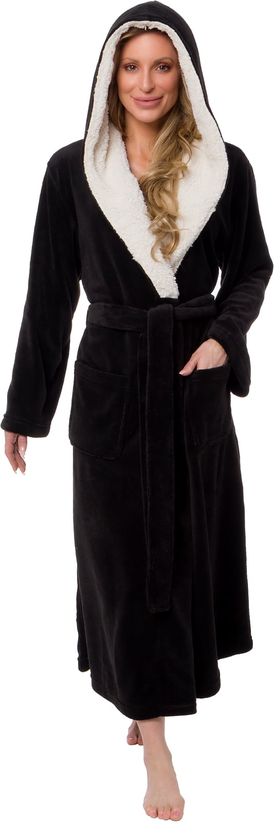 Silver Lilly Womens Sherpa Trim Fleece Robe with Hood - Full Length Warm Plush Luxury Bathrobe ...