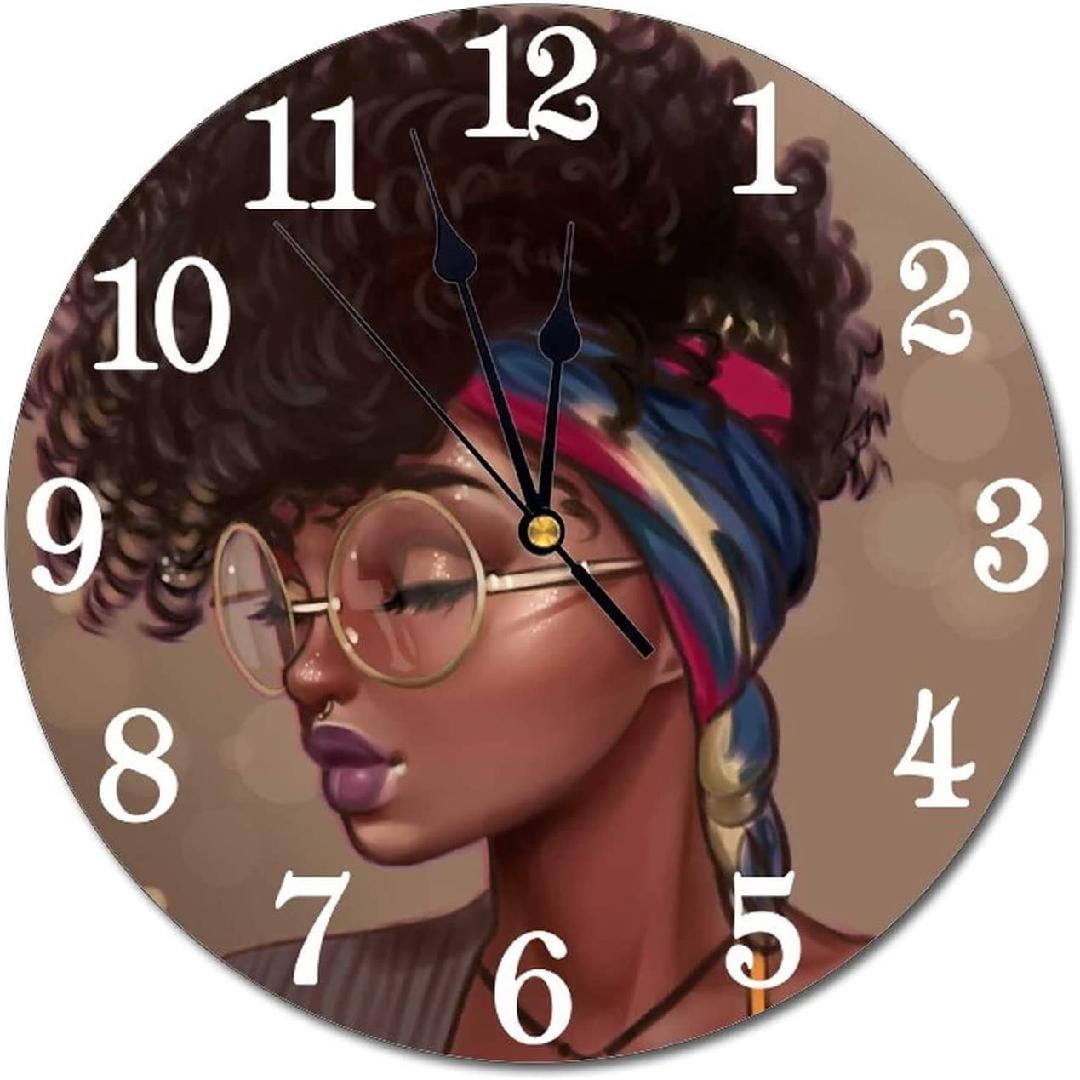 African American Black Girl Wall Clock Battery Operated Silent Round ...