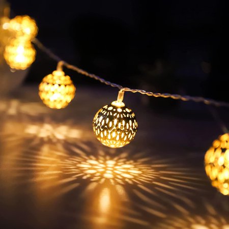 Moroccan Fairy Lights, Battery Powered, 20 Golden Metal Glowing Globes ...