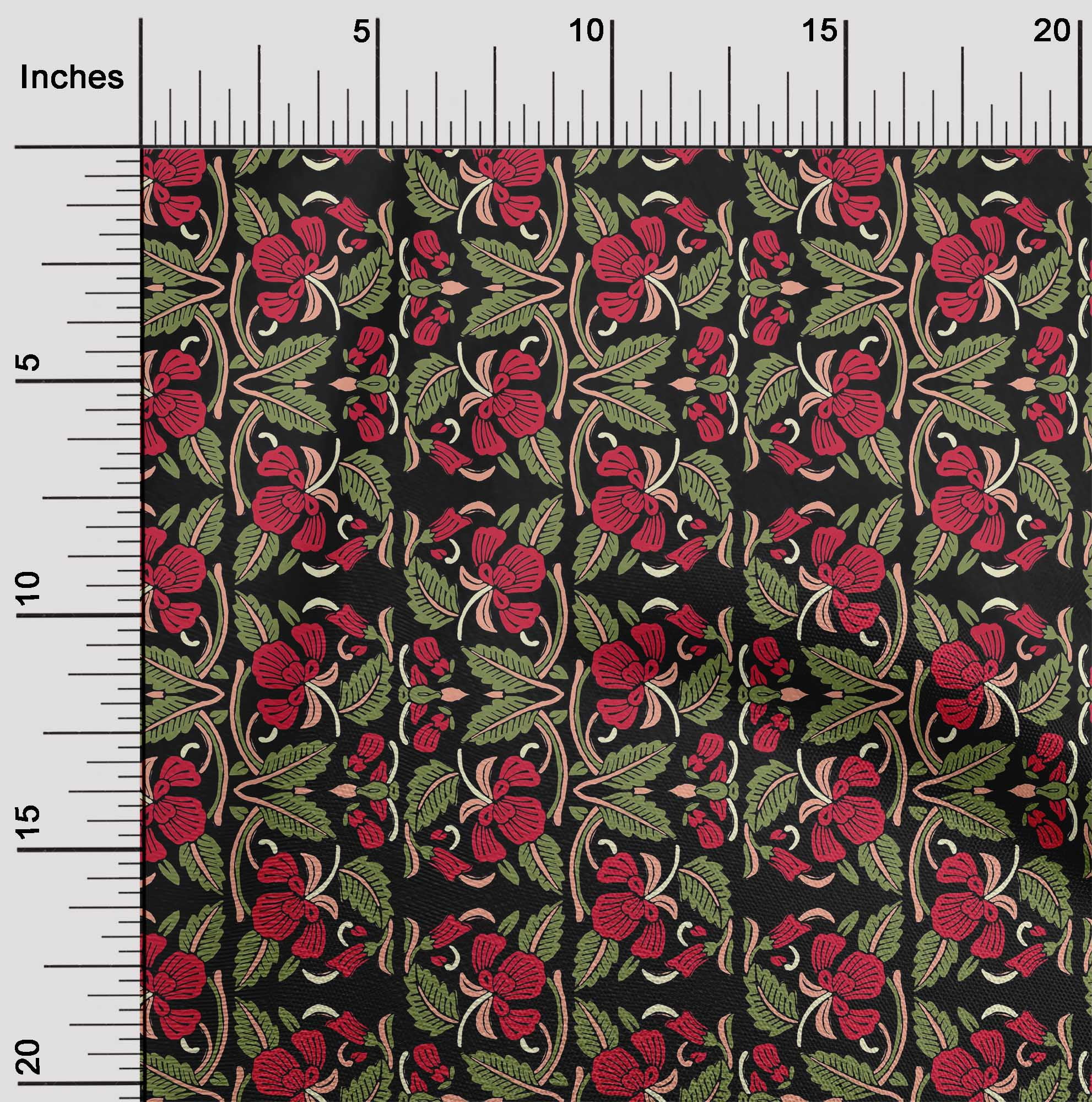 oneOone Silk Tabby Fabric Leaves & Floral Block Print Fabric By The ...