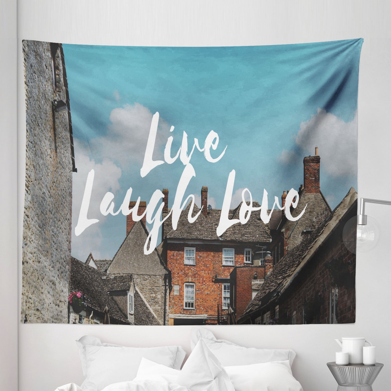 Live Laugh Love Tapestry, Rustic Country Houses with Brick Composition ...