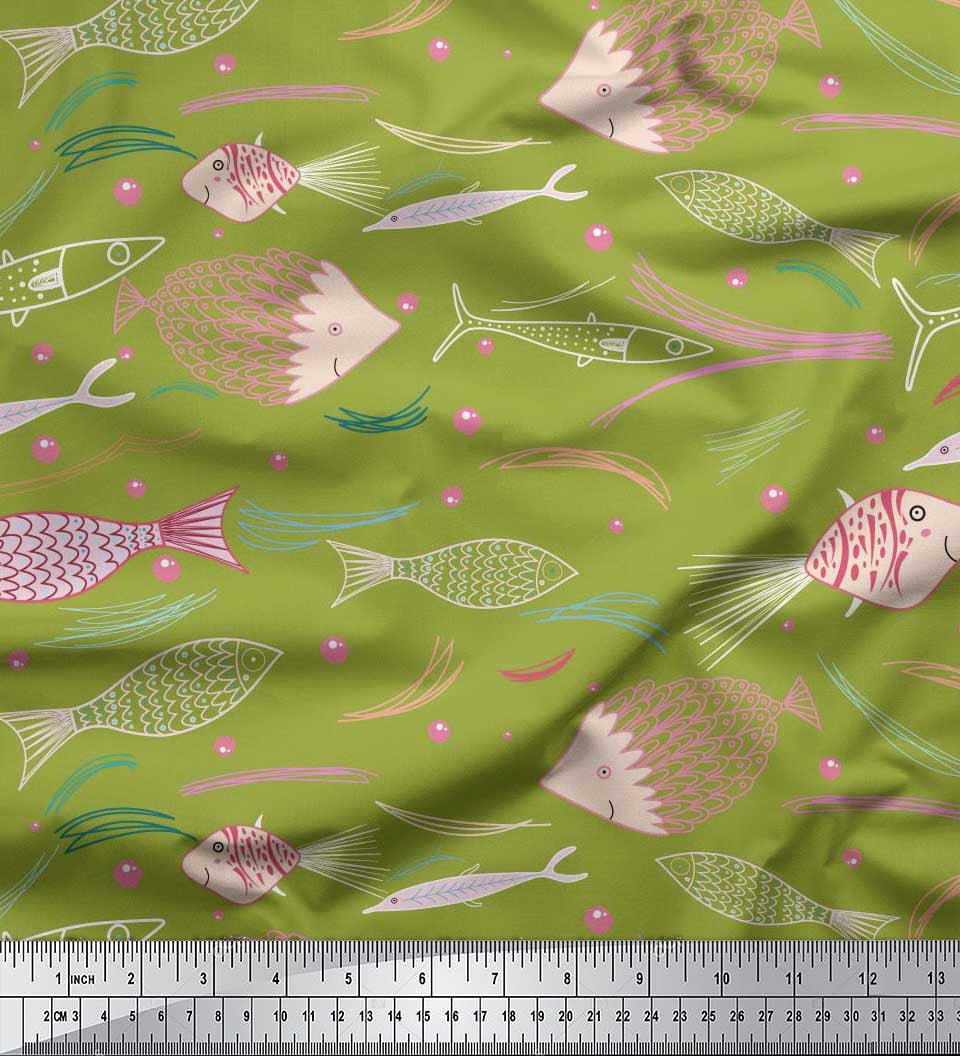 Soimoi Green Satin Silk Fabric Bubbles & Fish Ocean Print Fabric by ...
