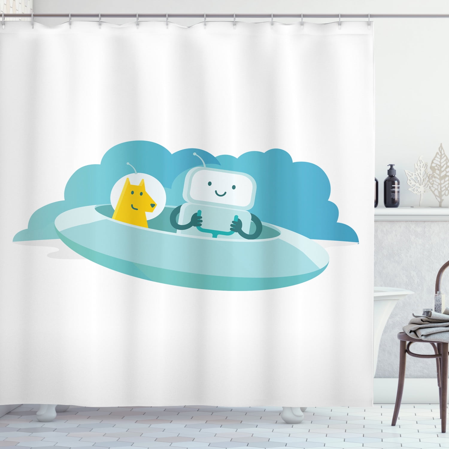 Alien Shower Curtain, Flying Saucer Spaceship Robot and a Dog Cartoon ...